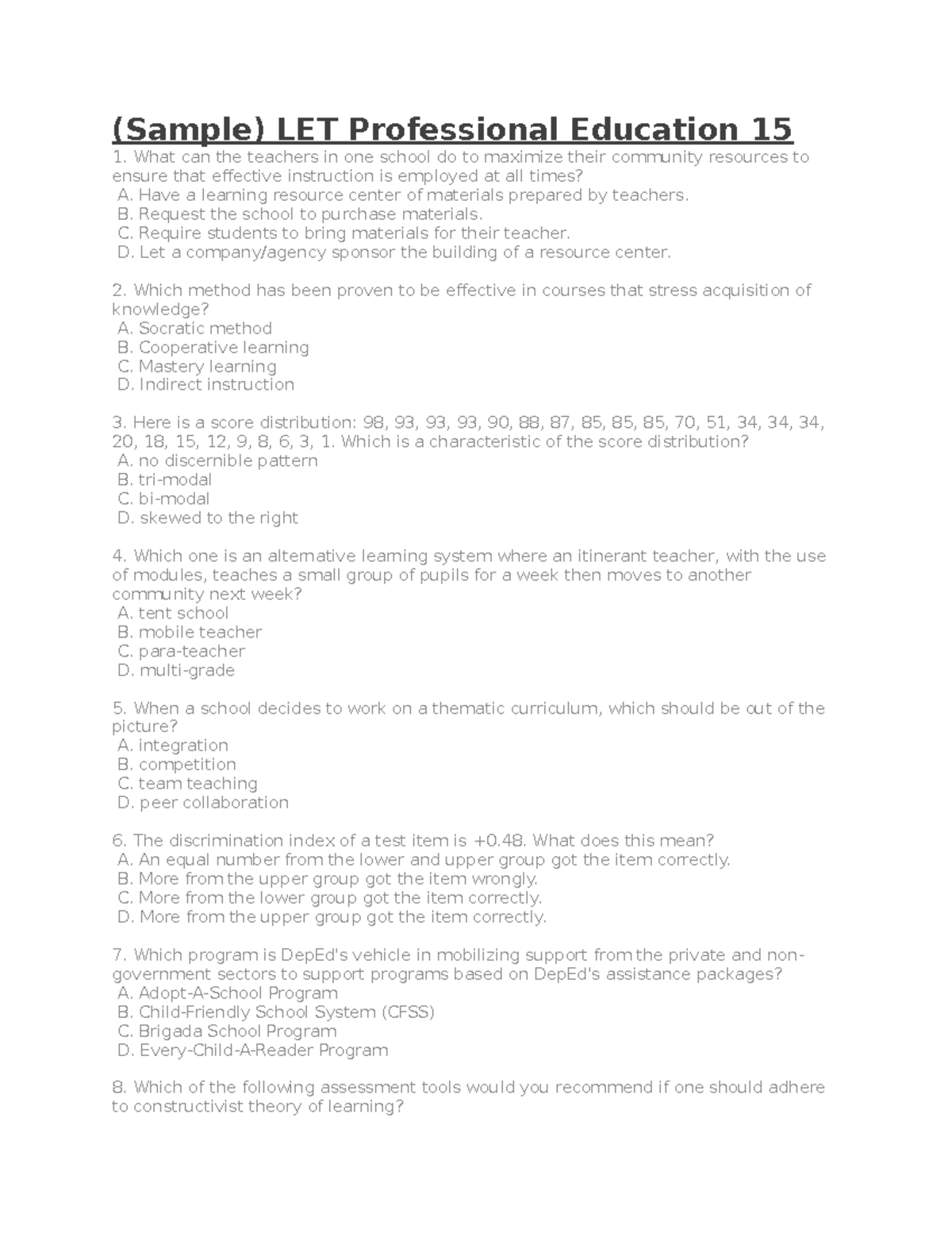 (Sample) LET Professional Education 15 - Have a learning resource ...