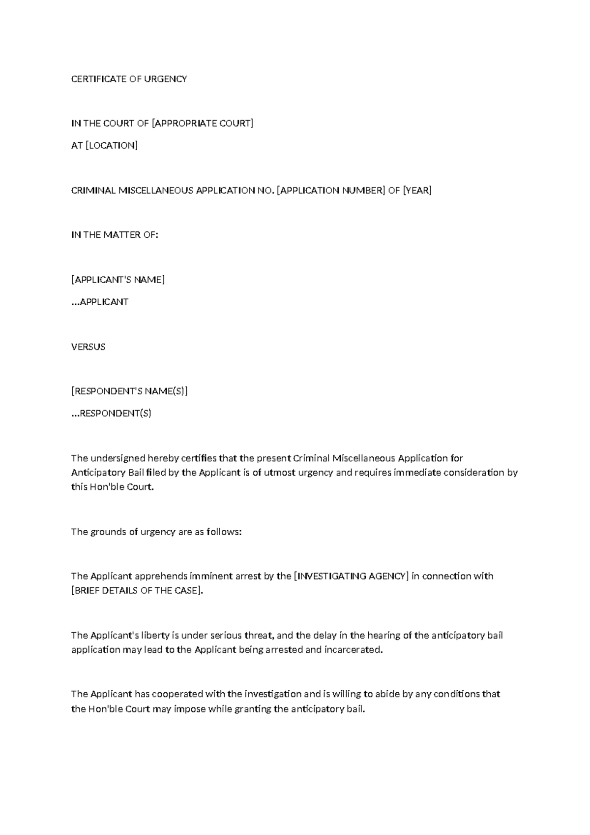 Certificate OF Urgency - CERTIFICATE OF URGENCY IN THE COURT OF ...