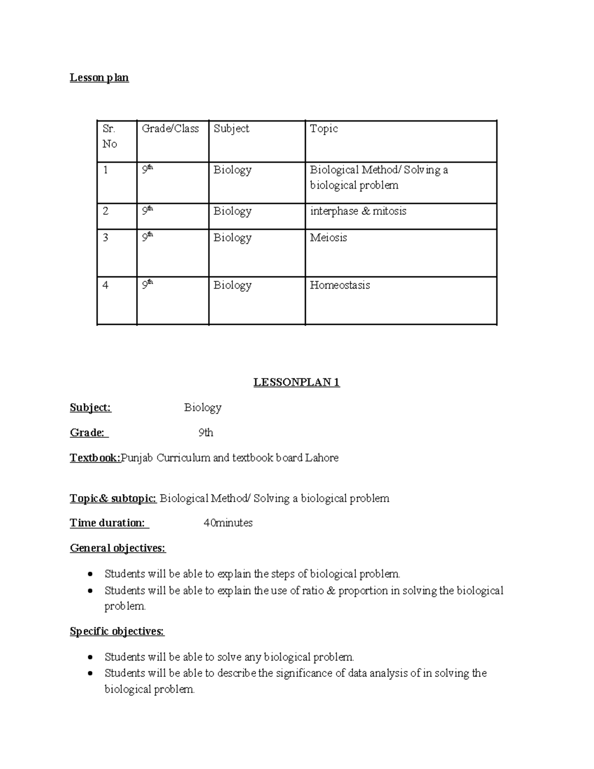 615633461 9th biology lesson plan - Lesson plan Sr. No Grade/Class ...