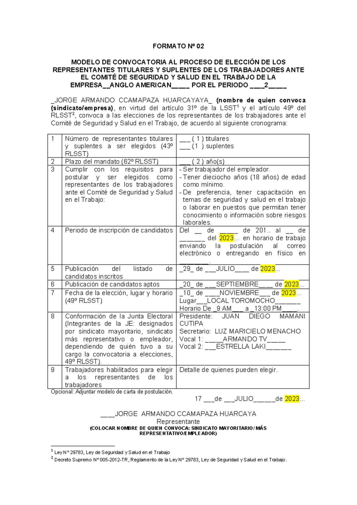 Convocatoria Proceso Eleccion Formato Nº 02 Modelo De Convocatoria Al