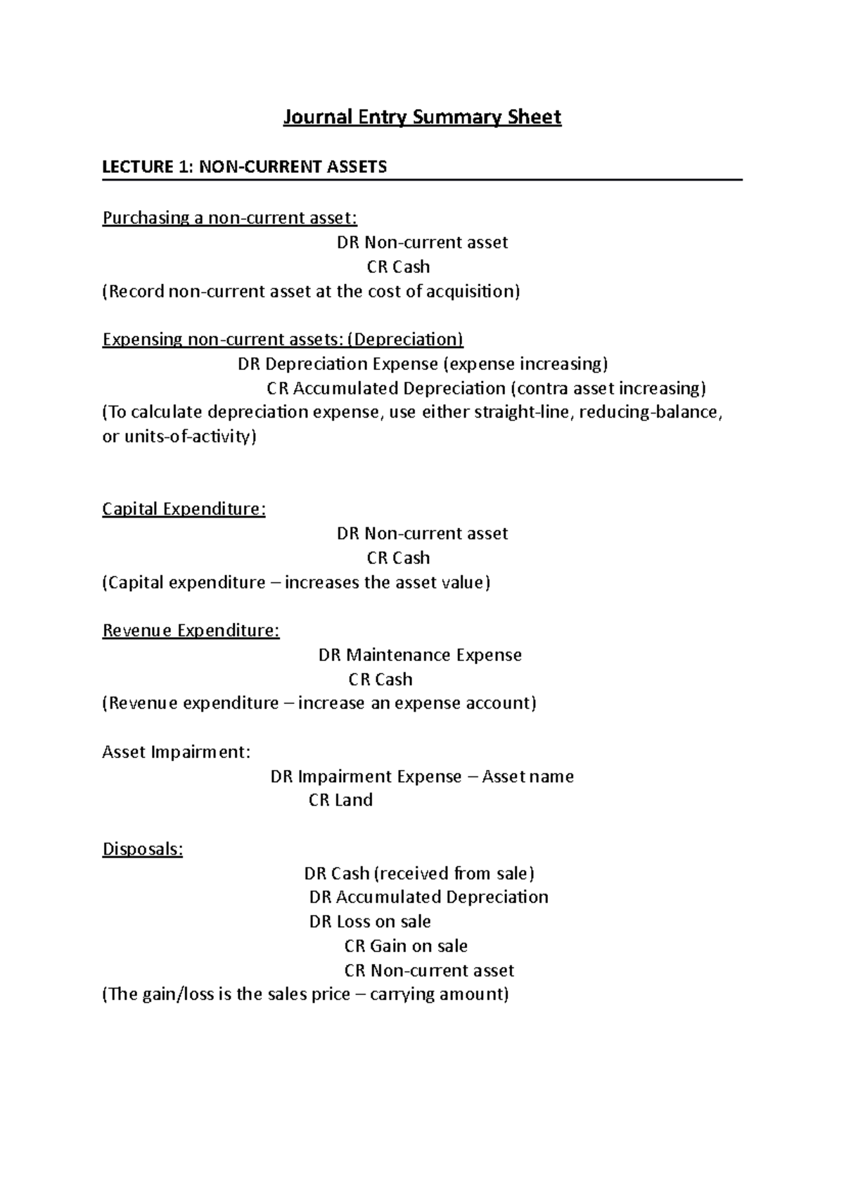 Journal Entry Summary Sheet - Journal Entry Summary Sheet LECTURE 1 ...