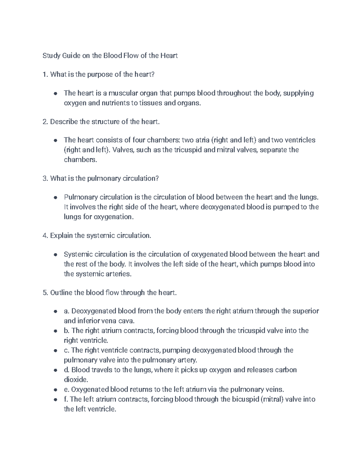 Study Guide on the Blood Flow of the Heart - Describe the structure of ...