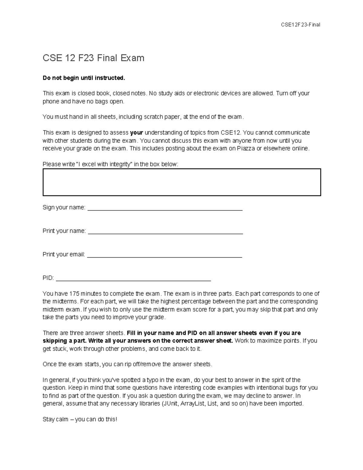 CSE12F23-Final-Fix - practice final - CSE 12 F23 Final Exam Do not begin until instructed. This ...