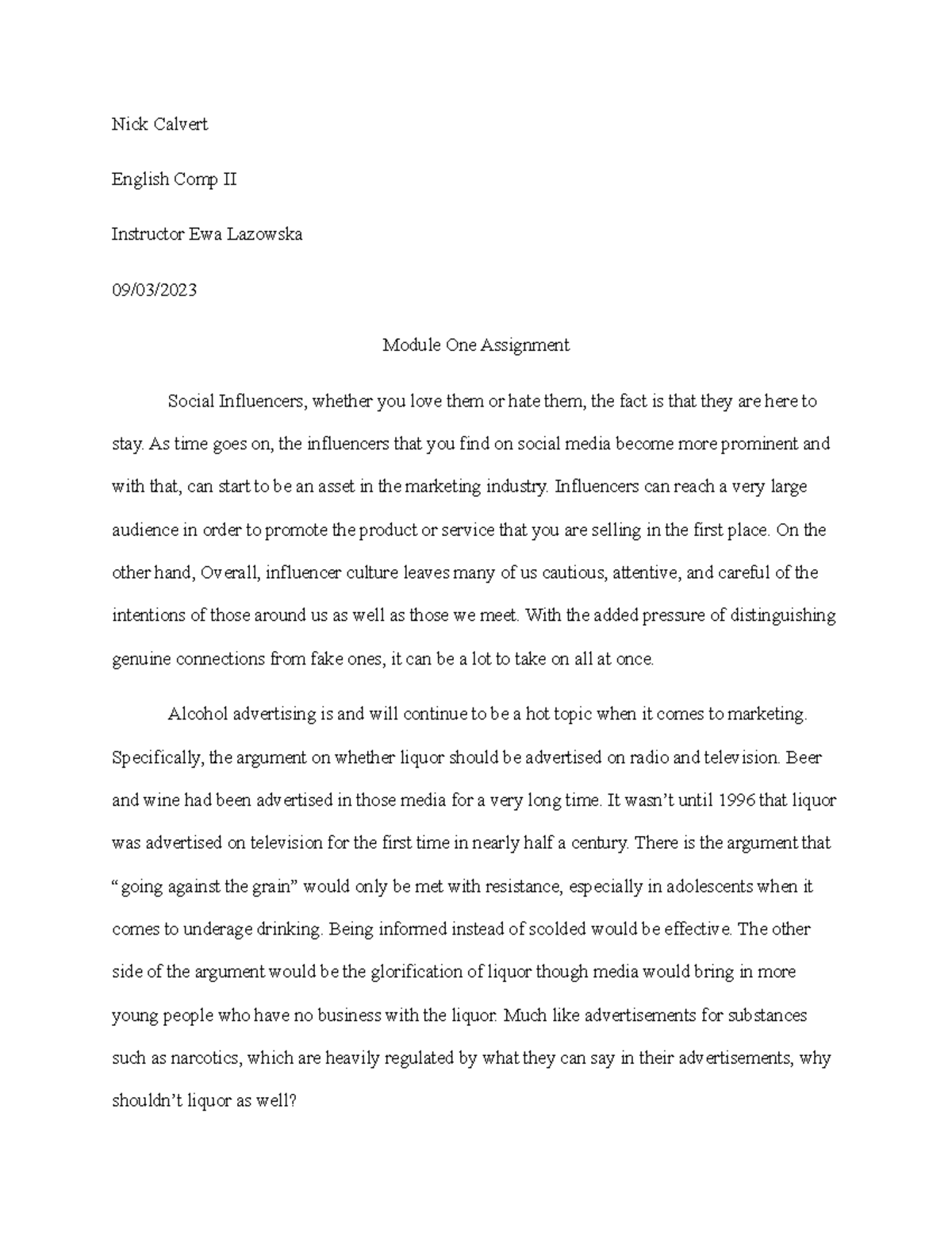 Module 3 Assignment - Nick Calvert English Comp II Instructor Ewa ...