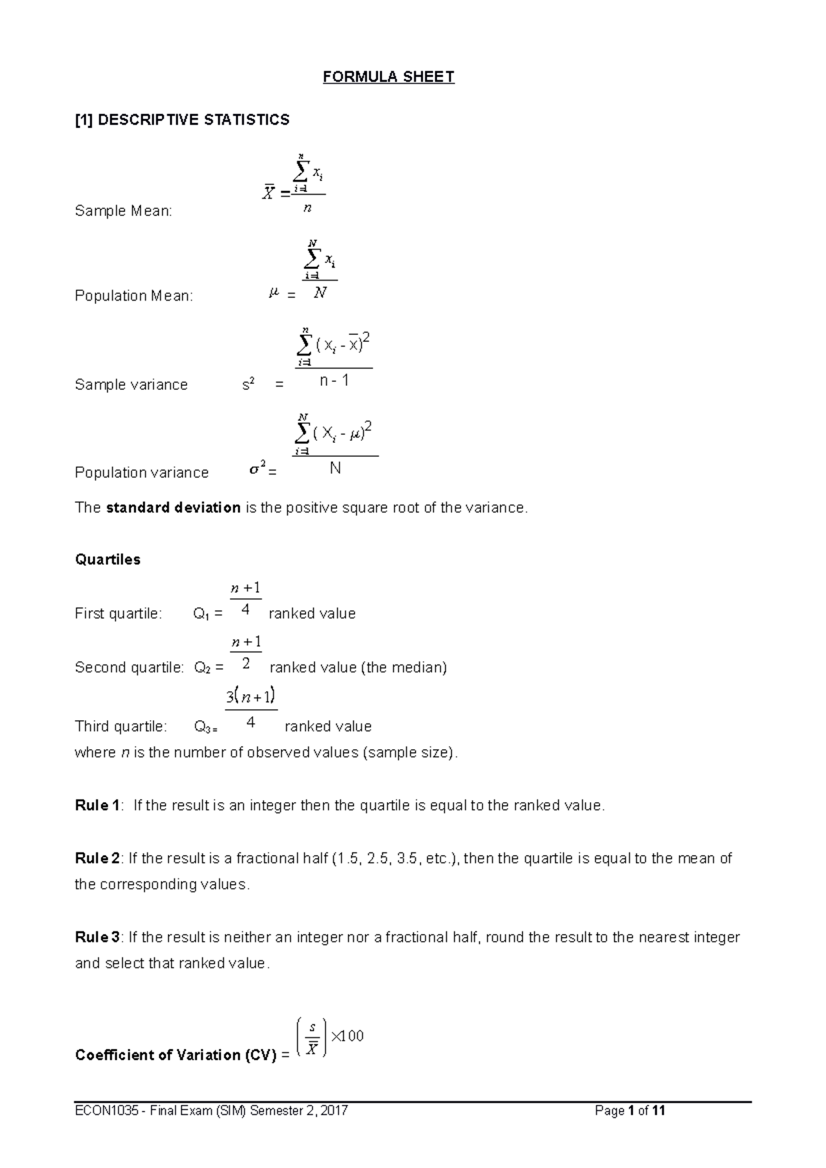 Formula Sheet-1 - FORMULA SHEET [1] DESCRIPTIVE STATISTICS Sample Mean ...
