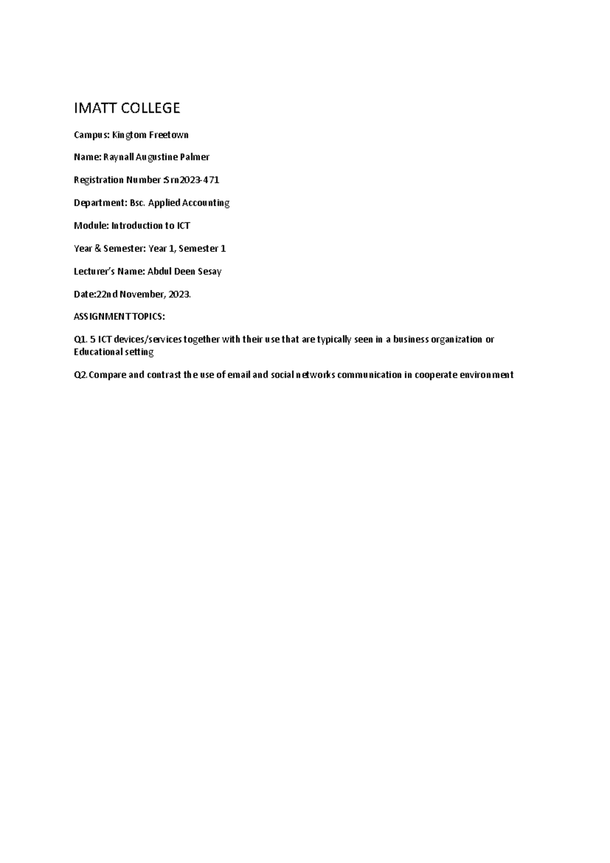 ICT Assignment- Raynall Augustine Palmer - IMATT COLLEGE Campus ...