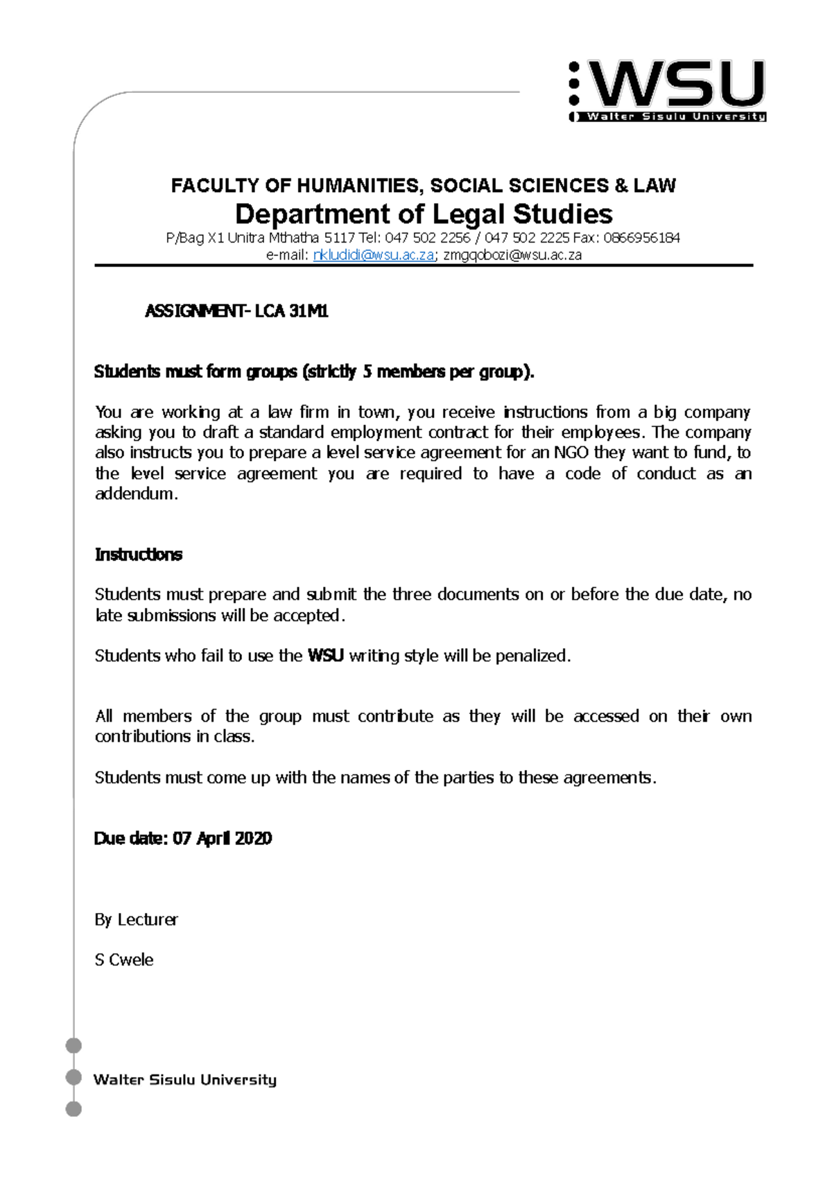 Contract Assignmment - FACULTY OF HUMANITIES, SOCIAL SCIENCES & LAW P ...