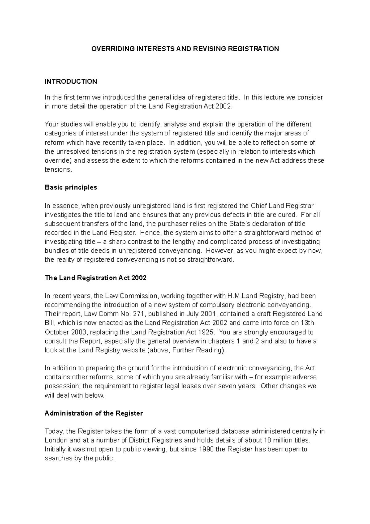 Land law Overriding Interests AND Revising Registration - OVERRIDING ...