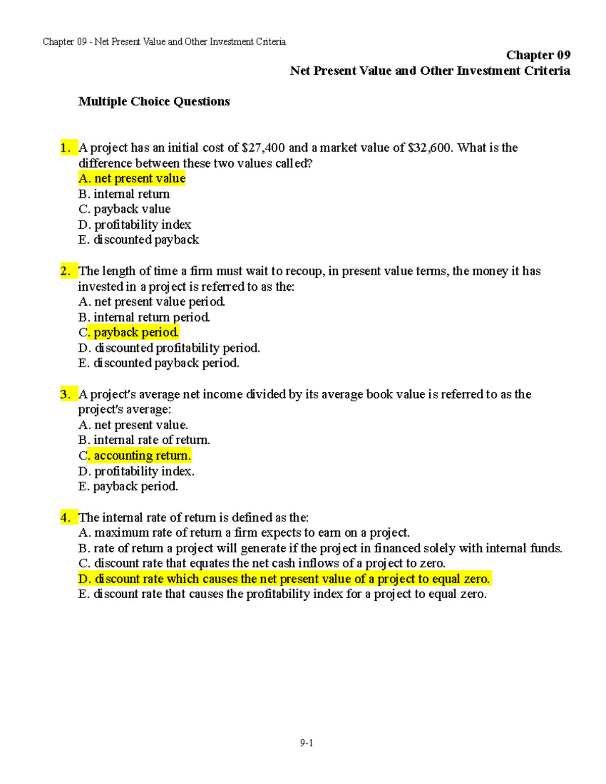 Chapter 9 Multiple choice question - Chapter 09 Net Present Value and ...
