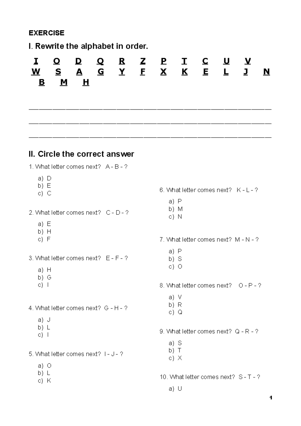 Exercise Alphabet - Excly - EXERCISE I. Rewrite the alphabet in order ...