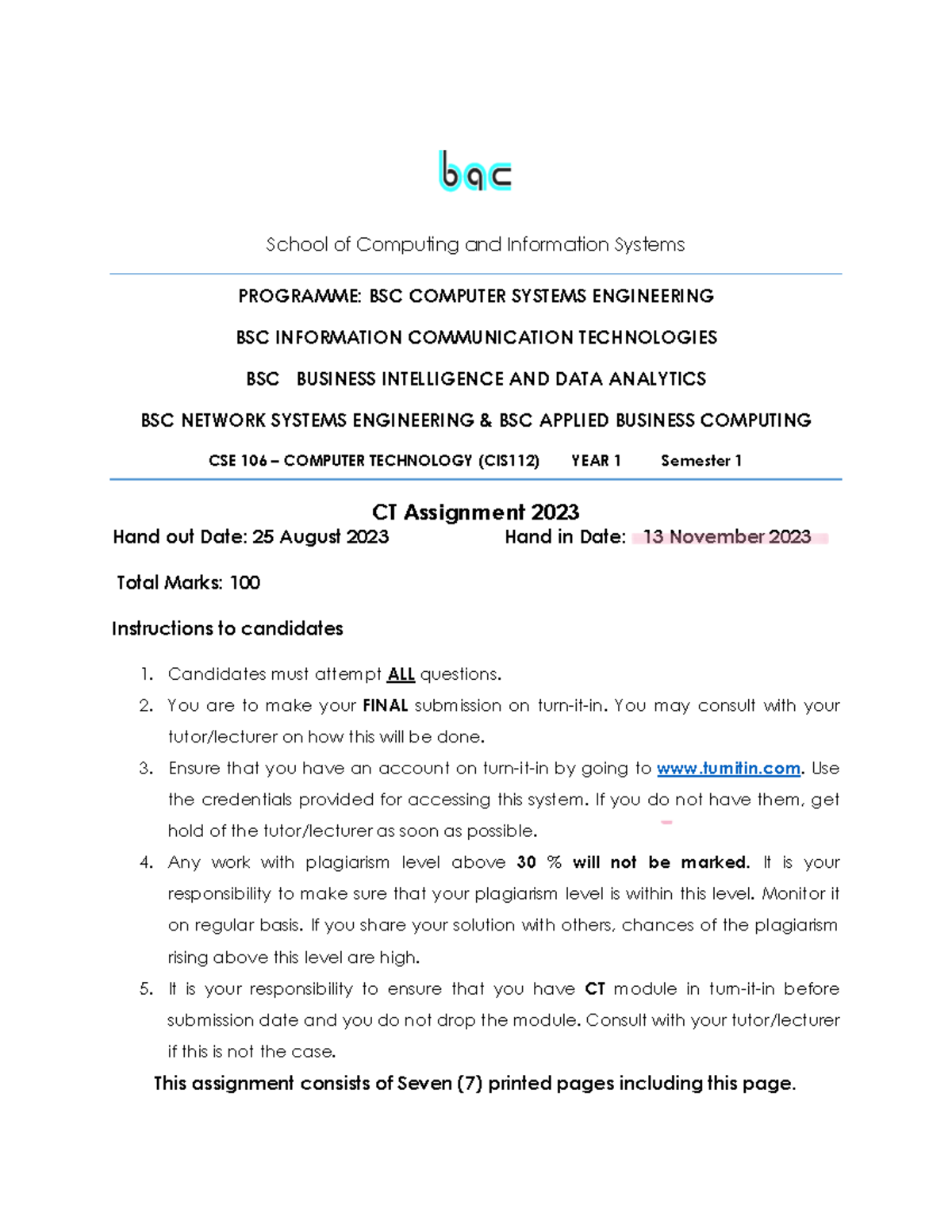CT Assignment 2023 - School of Computing and Information Systems PROGRAMME: BSC COMPUTER SYSTEMS ...