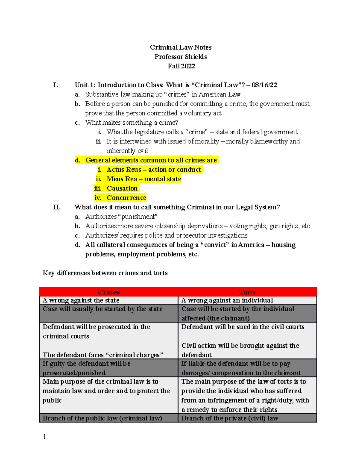 Crim Law 2022 Notes - Criminal Law Notes Professor Shields Fall 2022 I ...