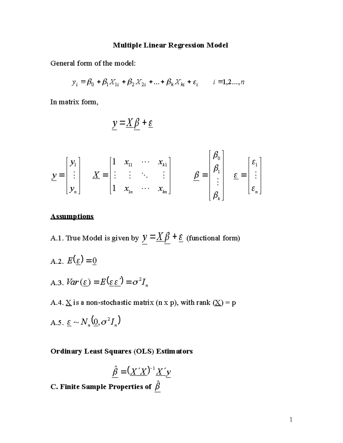 Statistics Introduction Least Squares Best Linear Estimator Multiple Linear Regression Model