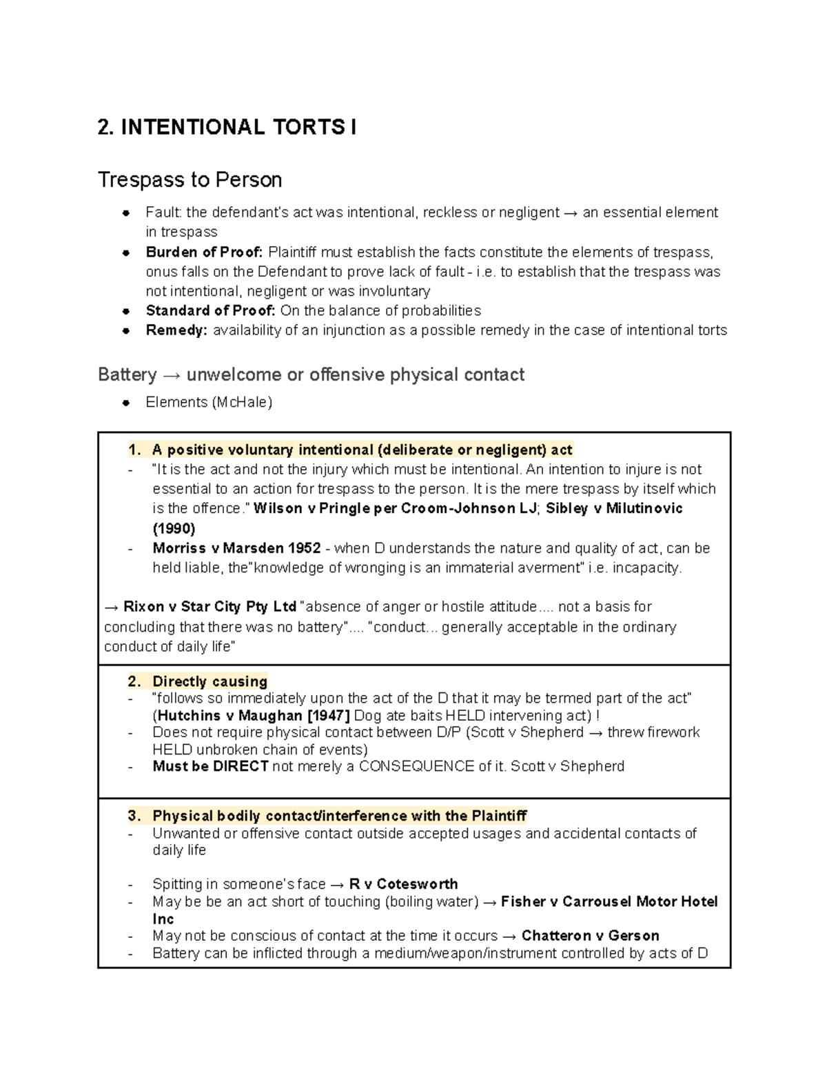 Torts Bible - Summarised exam notes - 2. INTENTIONAL TORTS I Trespass ...