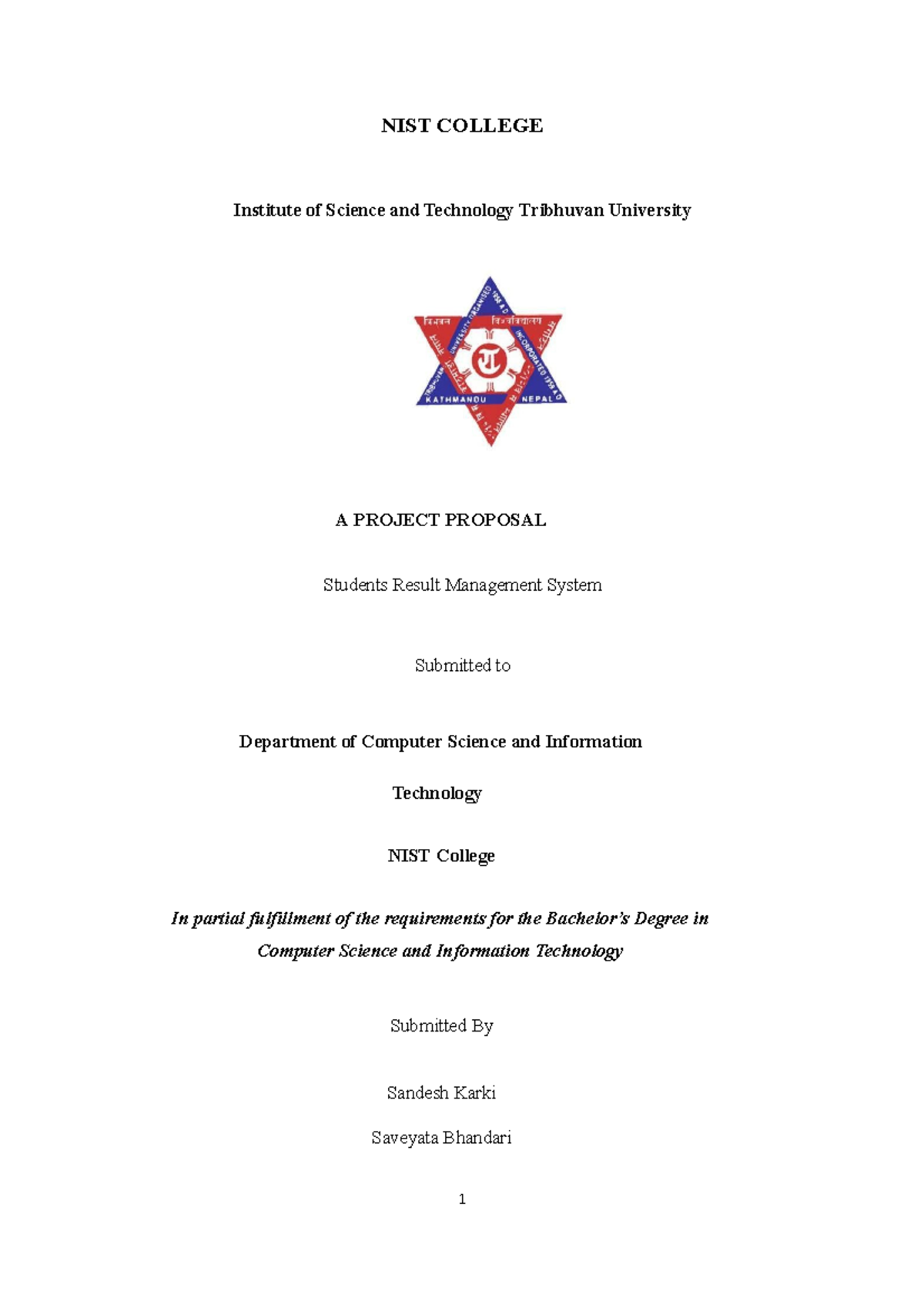 Proposal - NIST COLLEGE Institute of Science and Technology Tribhuvan ...