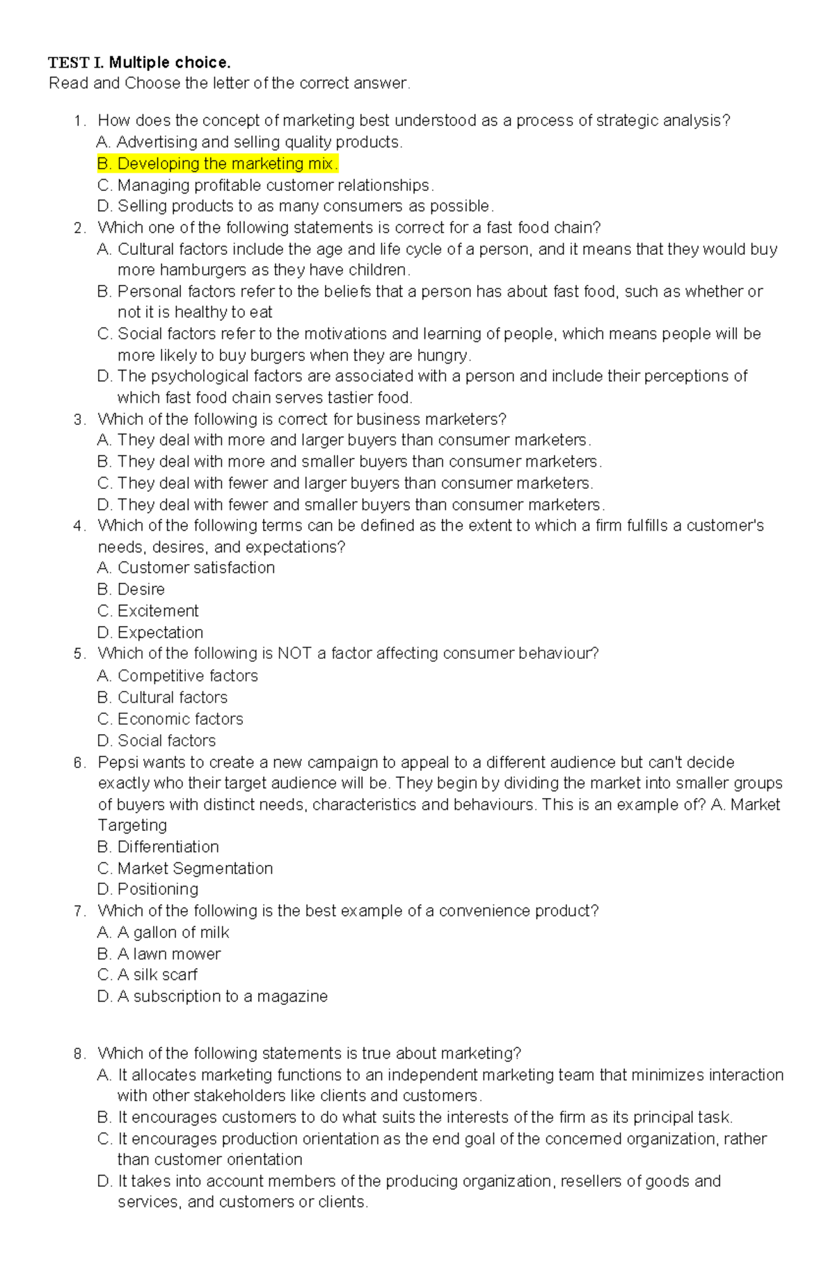 Midterm Examination - exam - TEST I. Multiple choice. Read and Choose ...