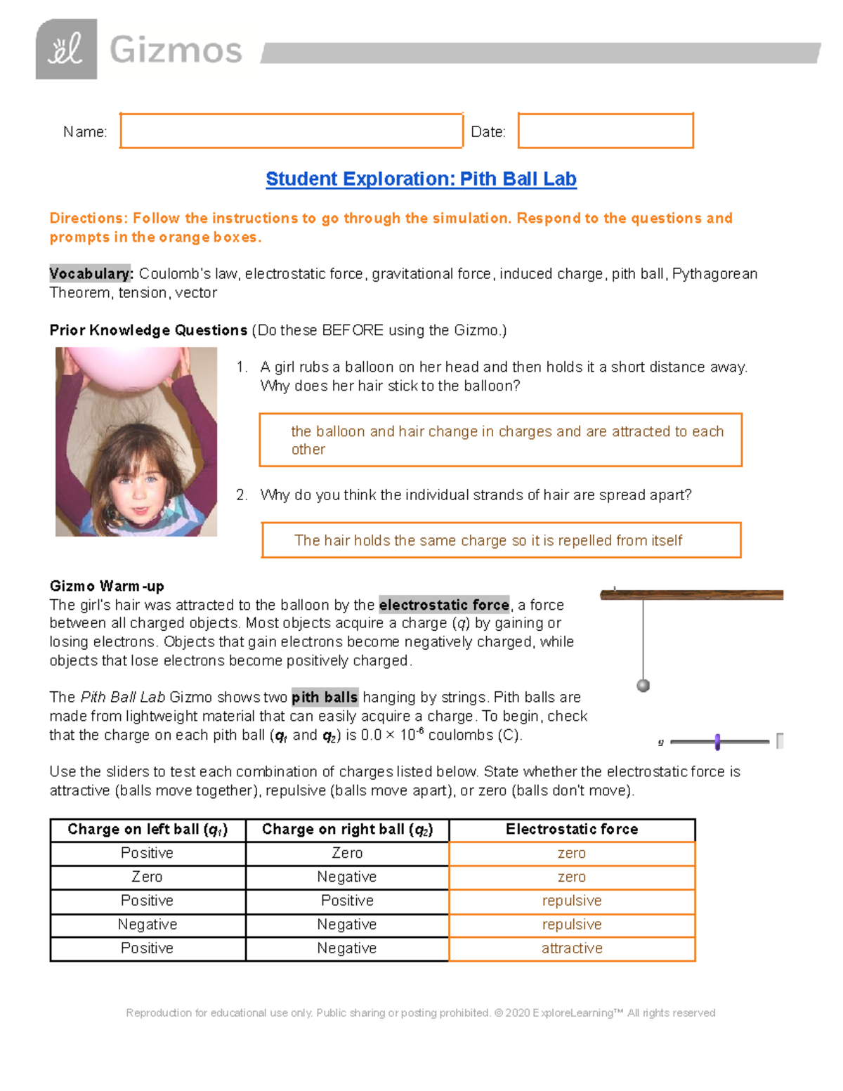 Pith Ball Lab Answers - Name: Date: Student Exploration: Pith Ball Lab ...
