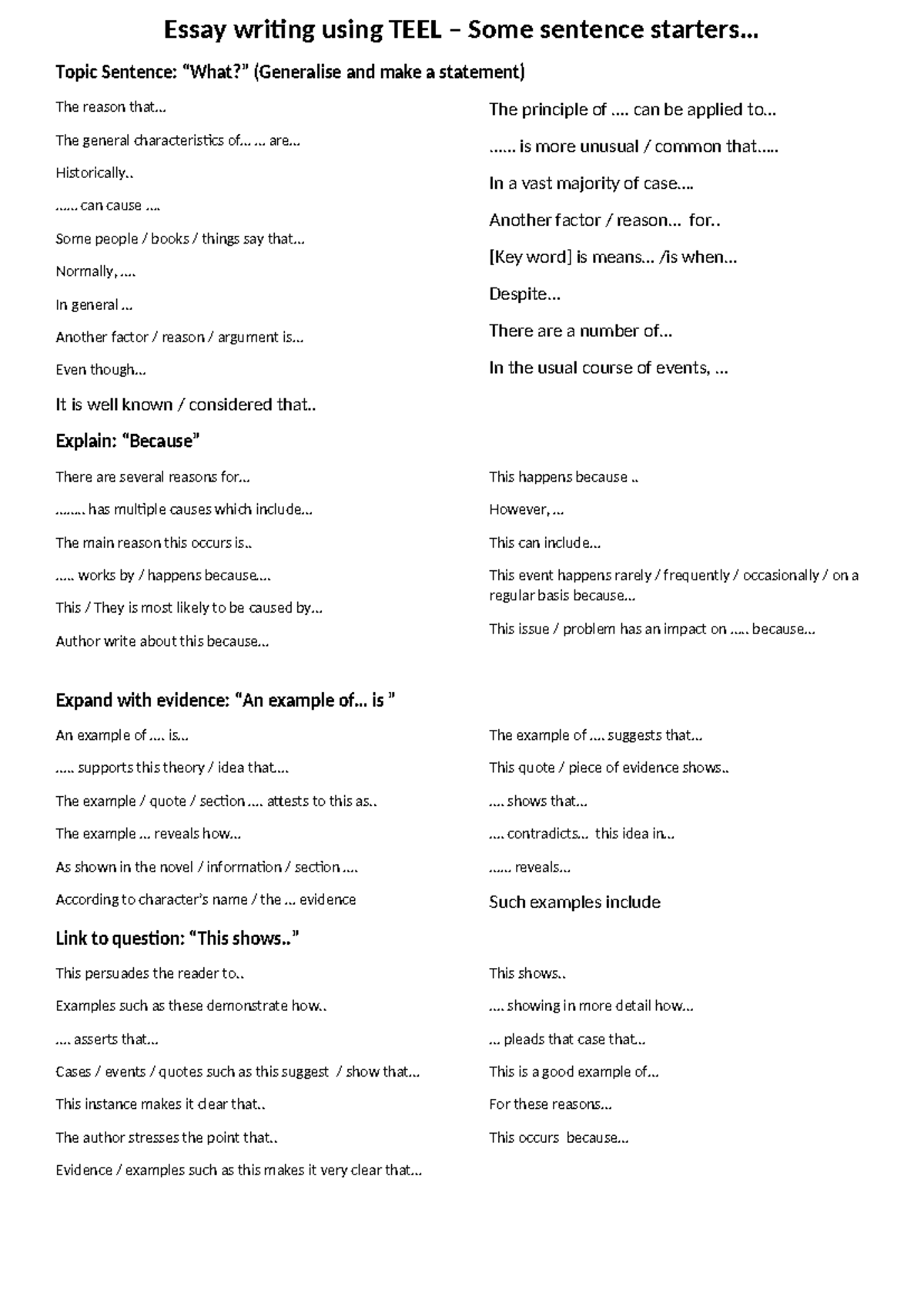 Essay writing using teel - sentence starters.. - Essay writing using ...