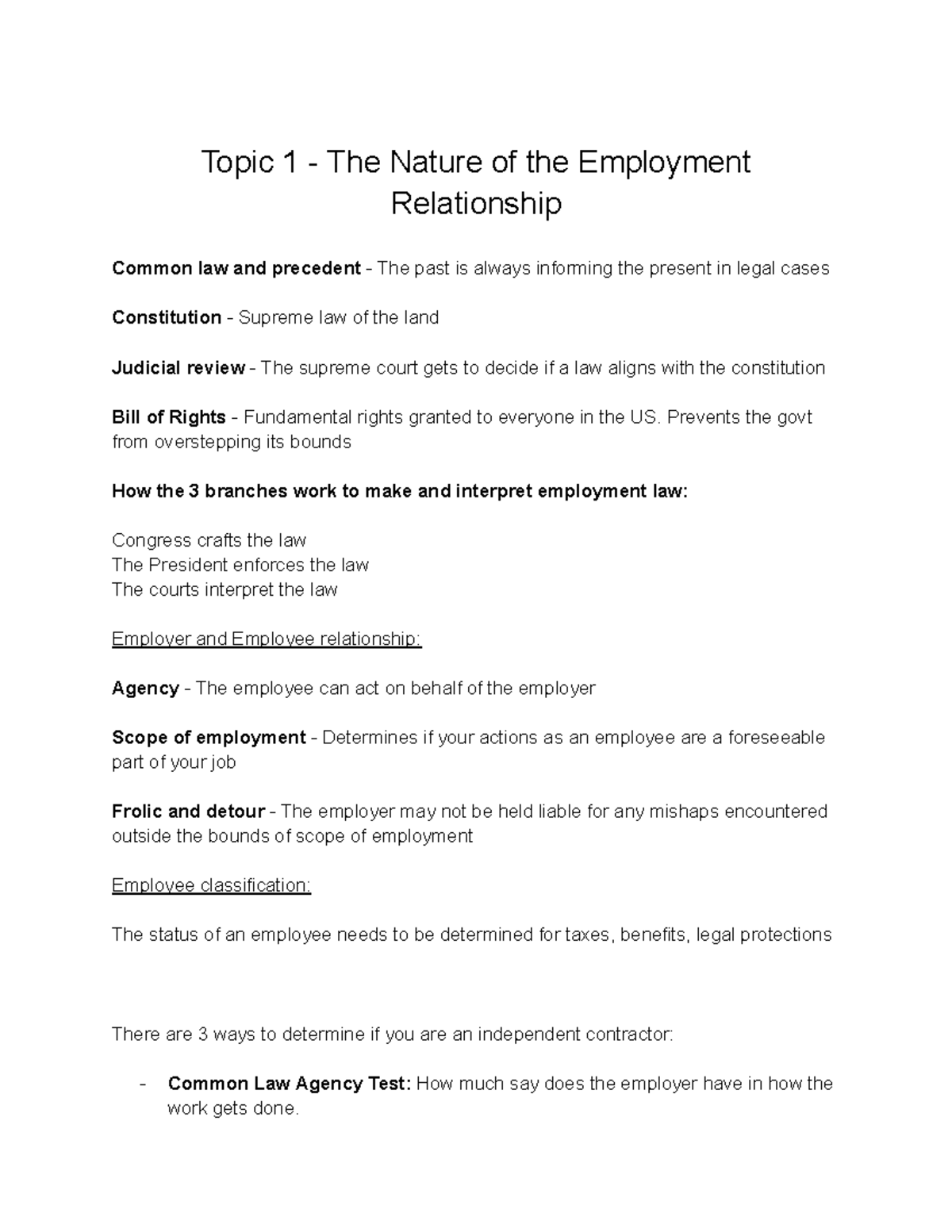 D352 Employment Law Topic 1 Notes - Topic 1 - The Nature of the ...