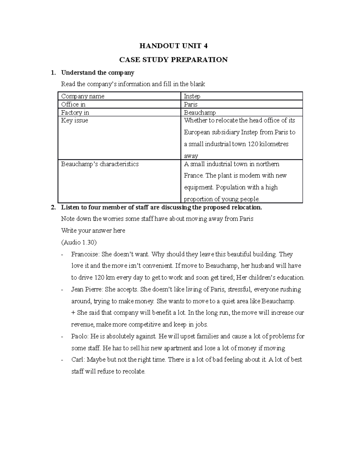 Handout UNIT 4 - economy - HANDOUT UNIT 4 CASE STUDY PREPARATION Understand the company Read the ...