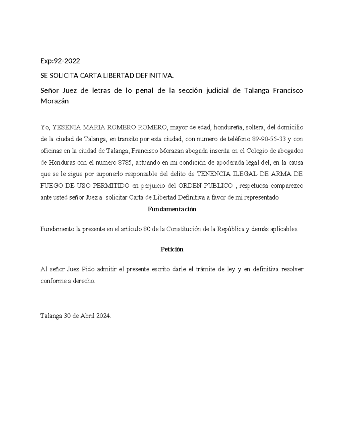 Carta de libertad definitiva - Exp:92- SE SOLICITA CARTA LIBERTAD ...