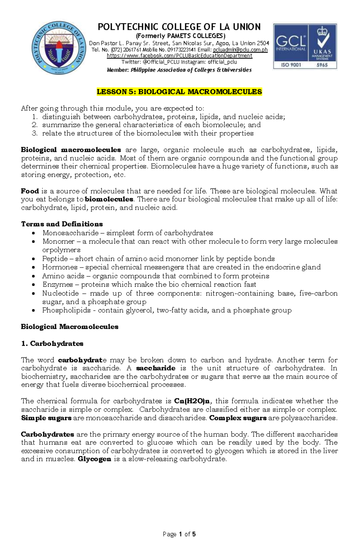 Lesson 5 Biological Macromolecules - (Formerly PAMETS COLLEGES) Don ...