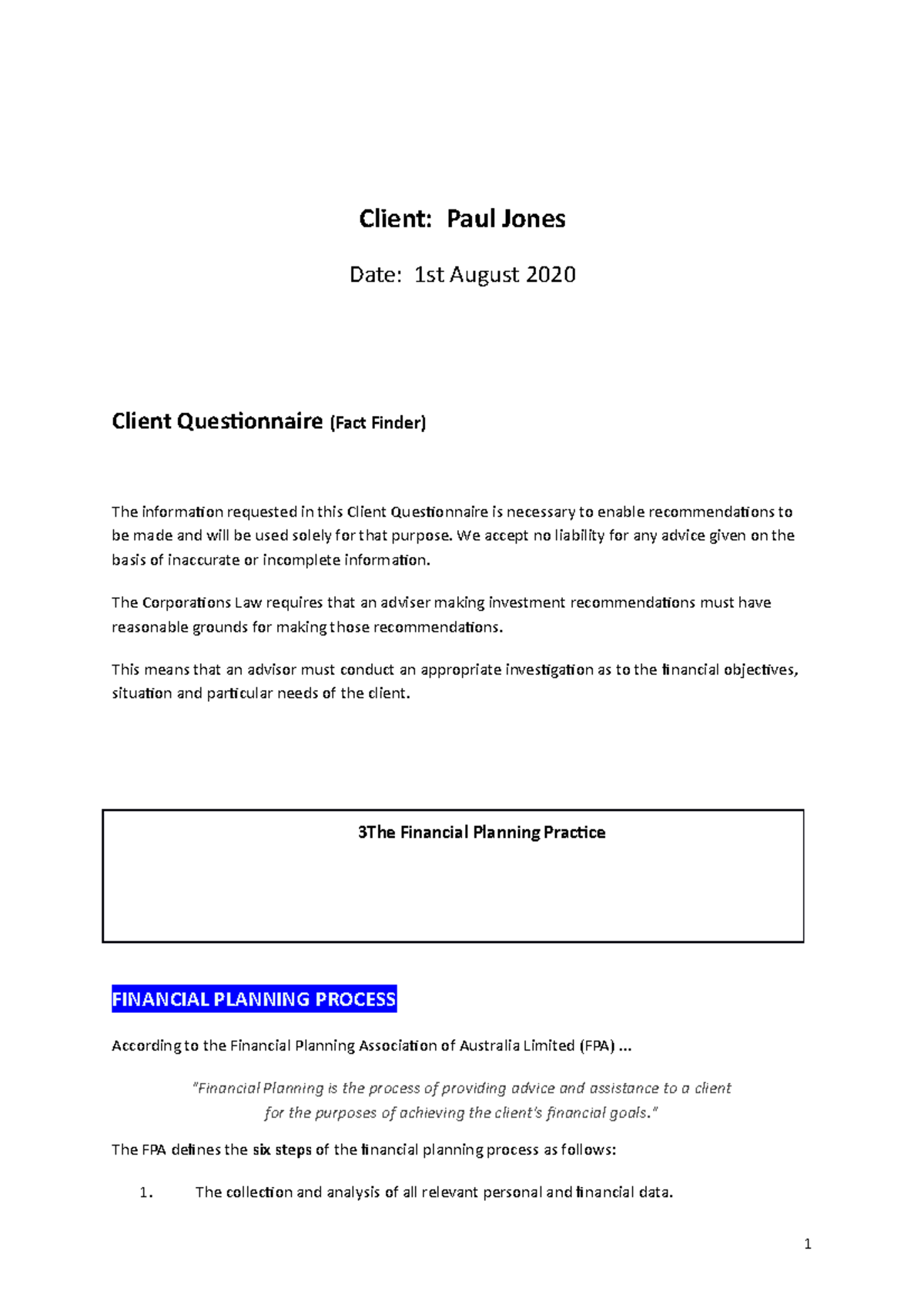 ACCT2286 Assignment Fact Find reformatted - Client: Paul Jones Date ...