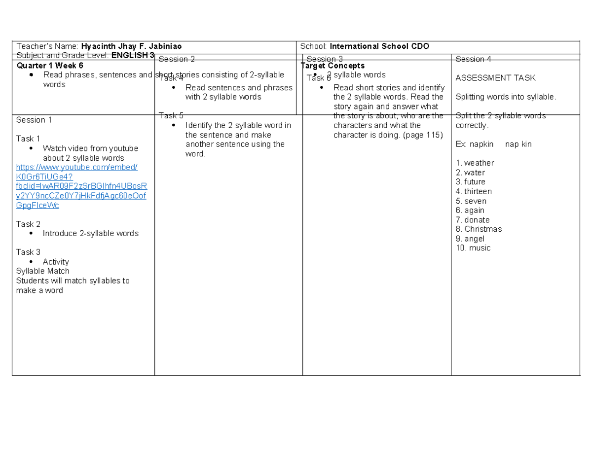 Grade 3 Lesson Plan English Quarter 1 Week 6 - Session 1 Task 1 Watch ...
