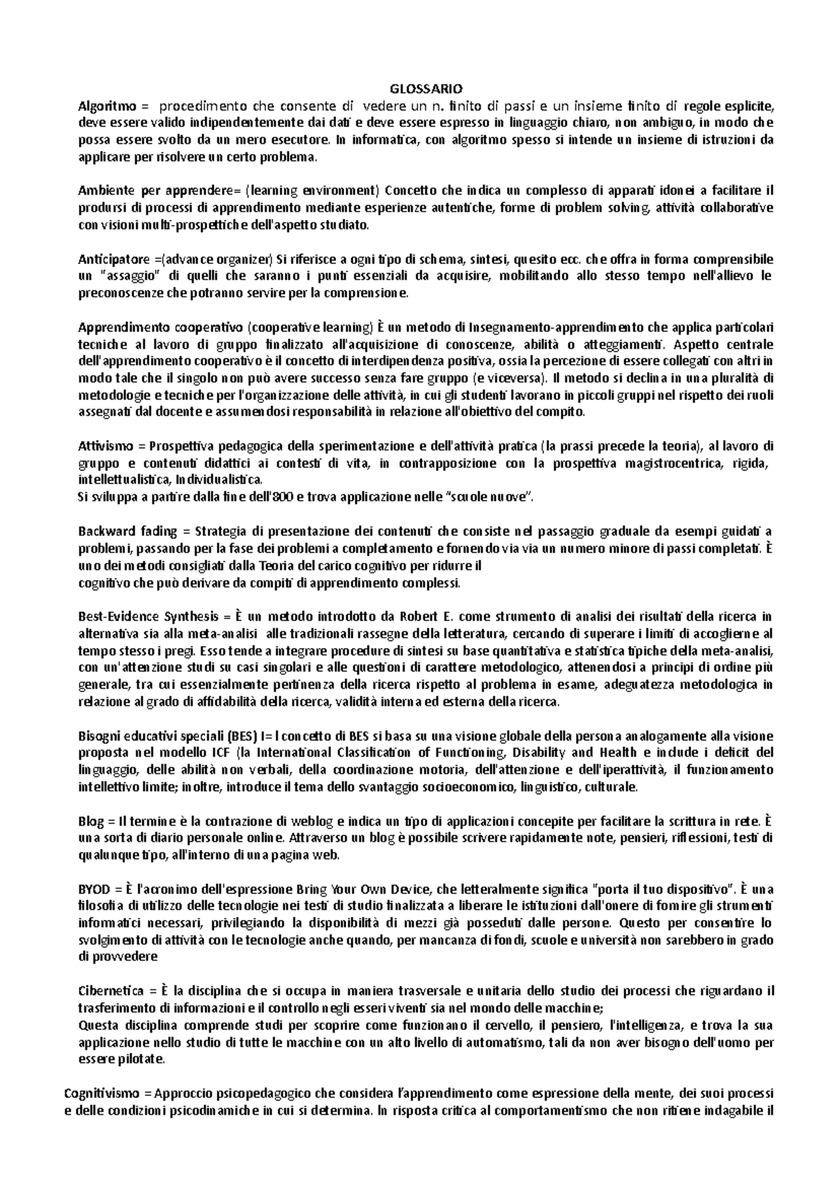 Le tecnologie educative, Bonaiuti - GLOSSARIO Algoritmo = procedimento ...