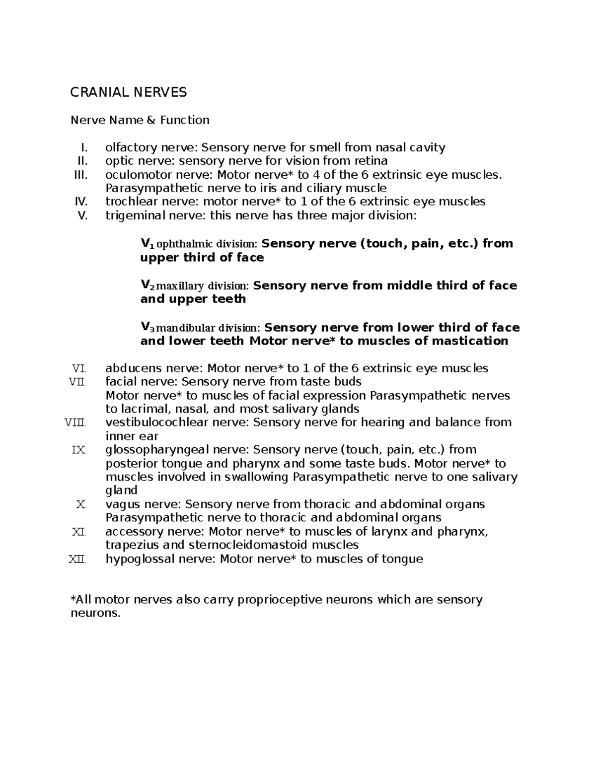 Cranial Nerves - notes - CRANIAL NERVES Nerve Name & Function I ...