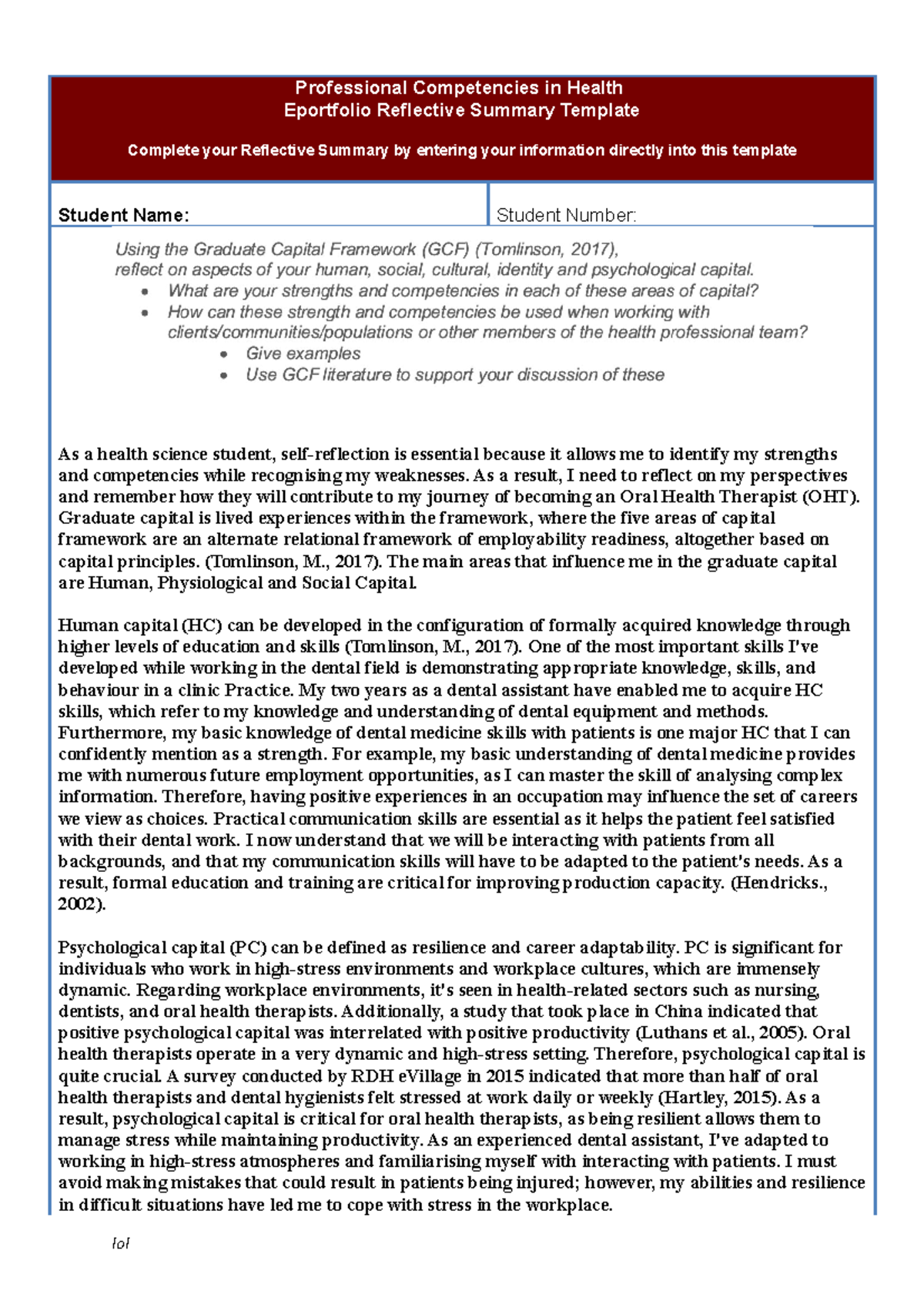 Reflective Summary template - Professional Competencies in Health ...