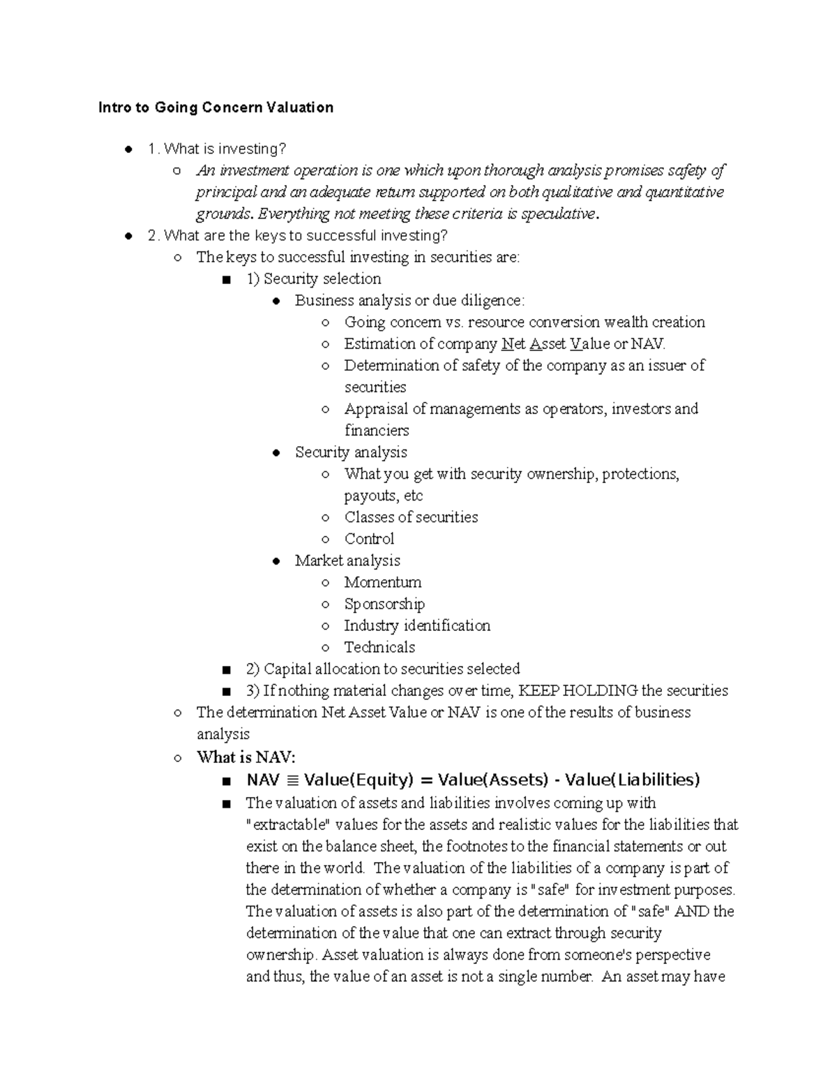 Part 7 - Chapter 7 notes - Intro to Going Concern Valuation 1. What is ...