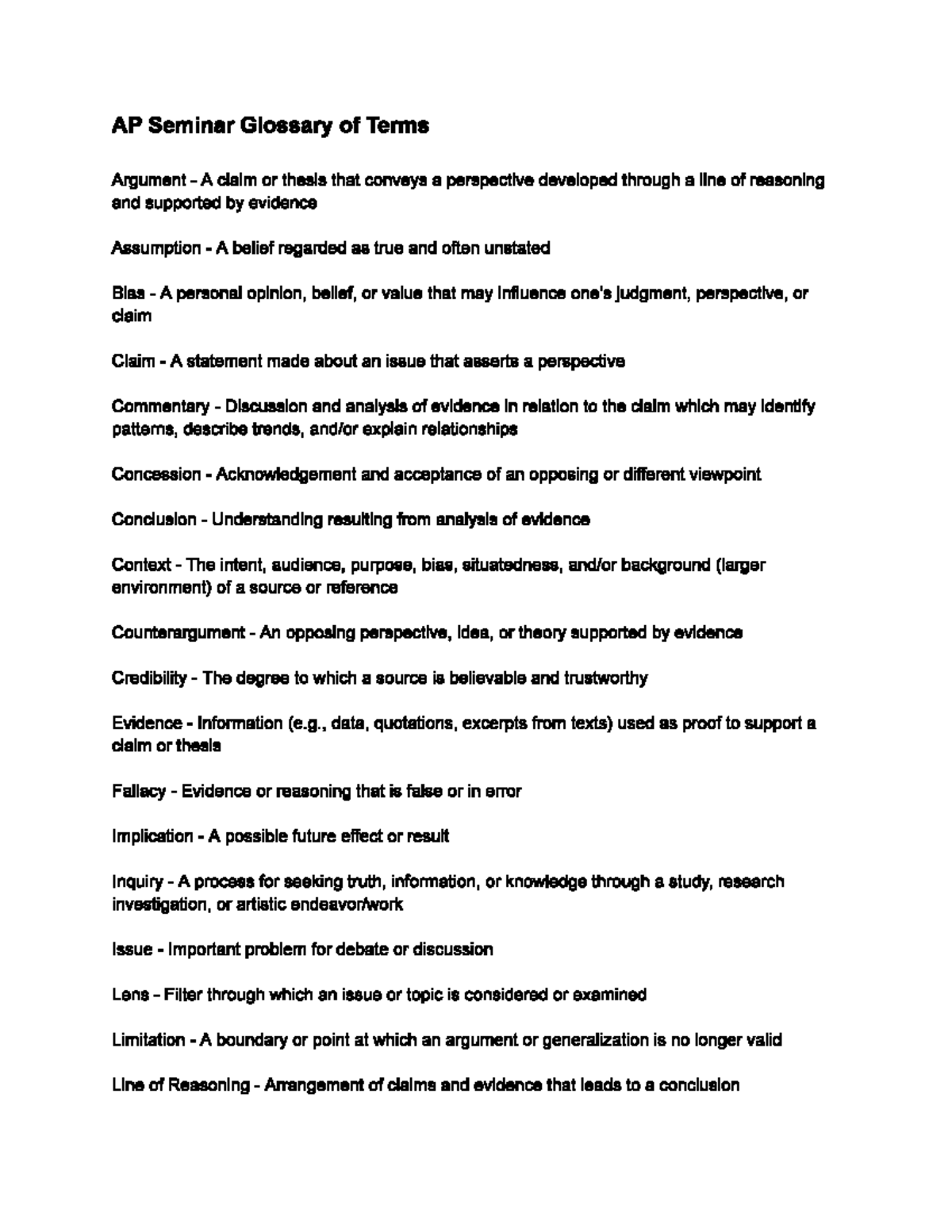 AP Seminar Glossary of Terms - , data, quotations, excerpts from texts ...