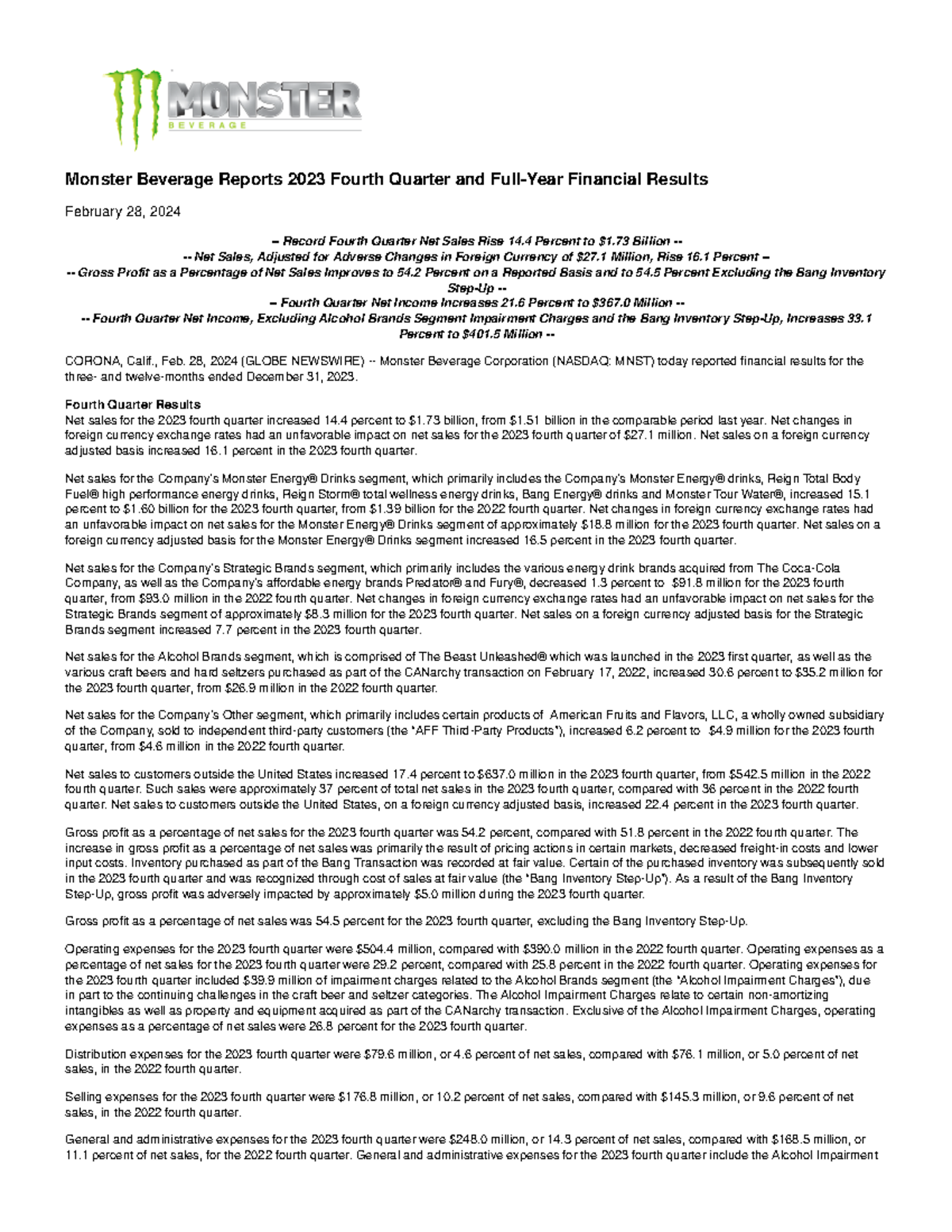 Monster Beverage Reports 2023 Fourth Quarter and Full-Year Financial ...