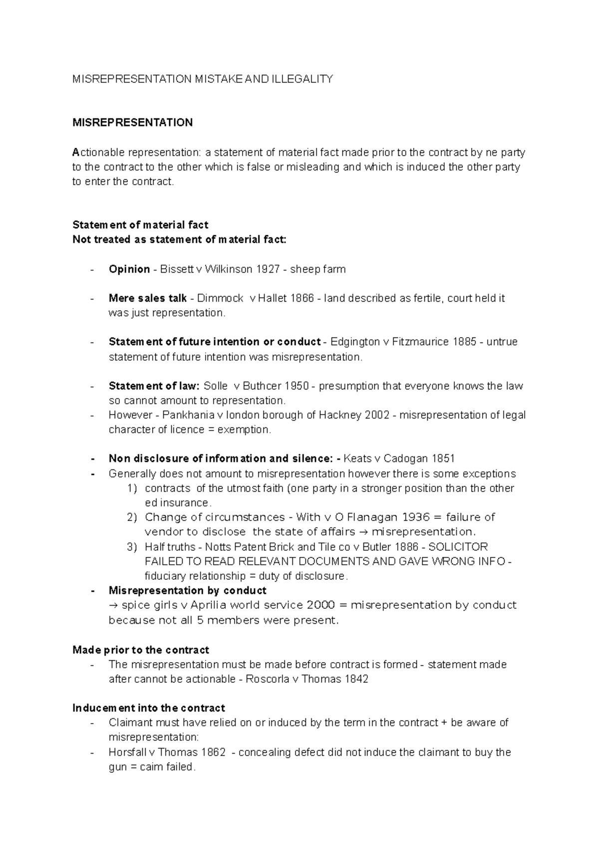 Misrepresentation Mistake AND Illegality - MISREPRESENTATION MISTAKE ...