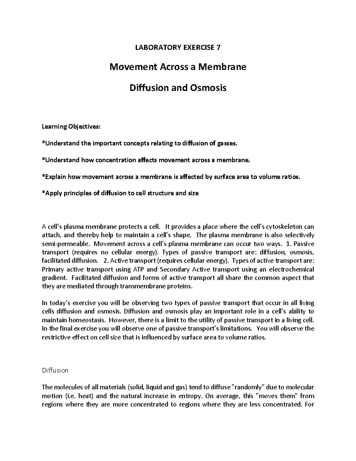 Ex 7 Movement Across a Membrane-Diffusion and Osmosis - LABORATORY ...