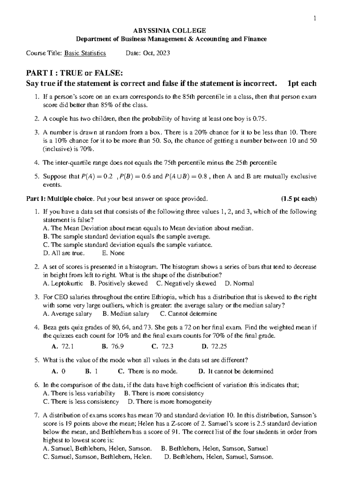 Assignmet basic statistics AC - 1 ABYSSINIA COLLEGE Department of ...