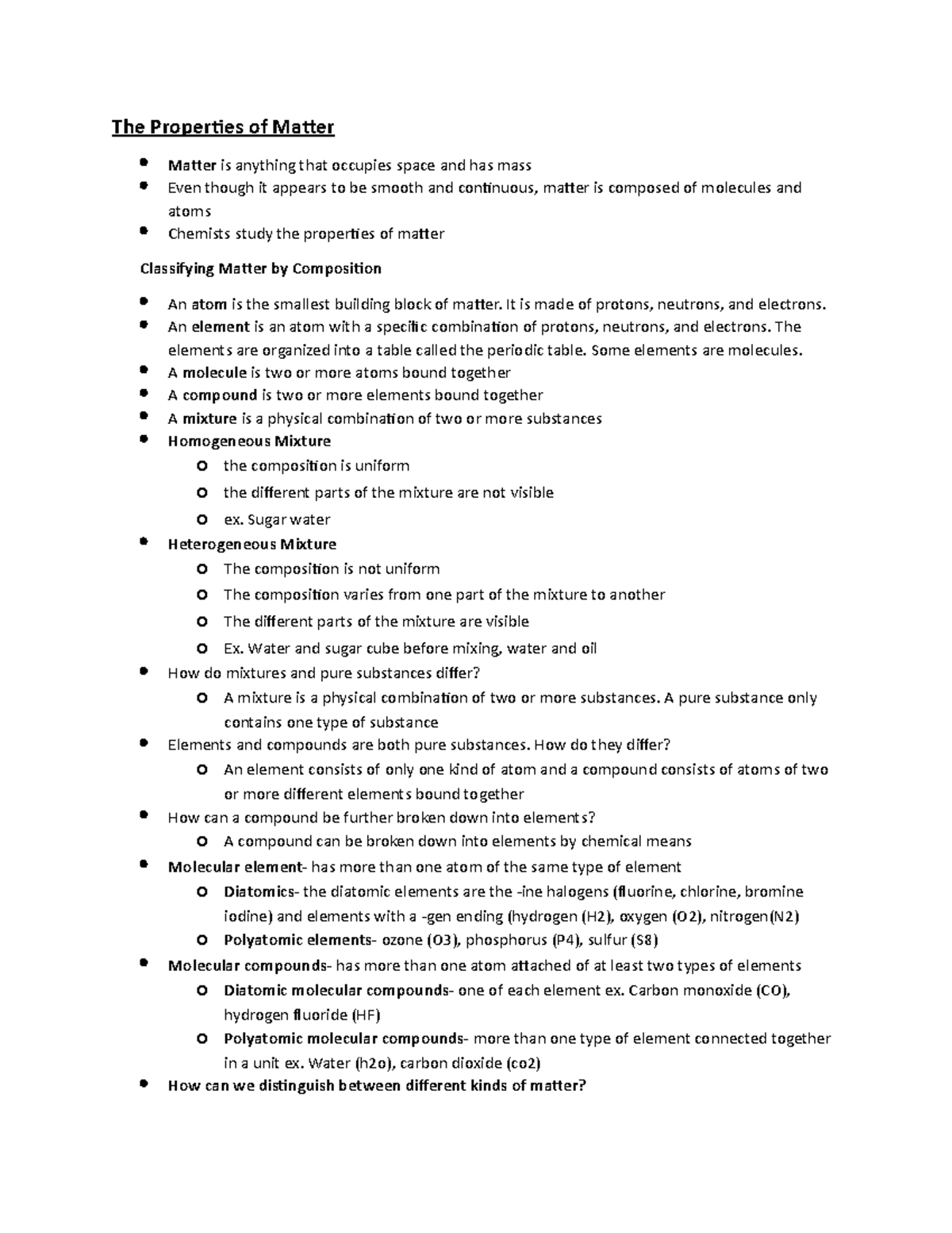 Chem 101 Notes - The Properties of Matter Matter is anything that ...