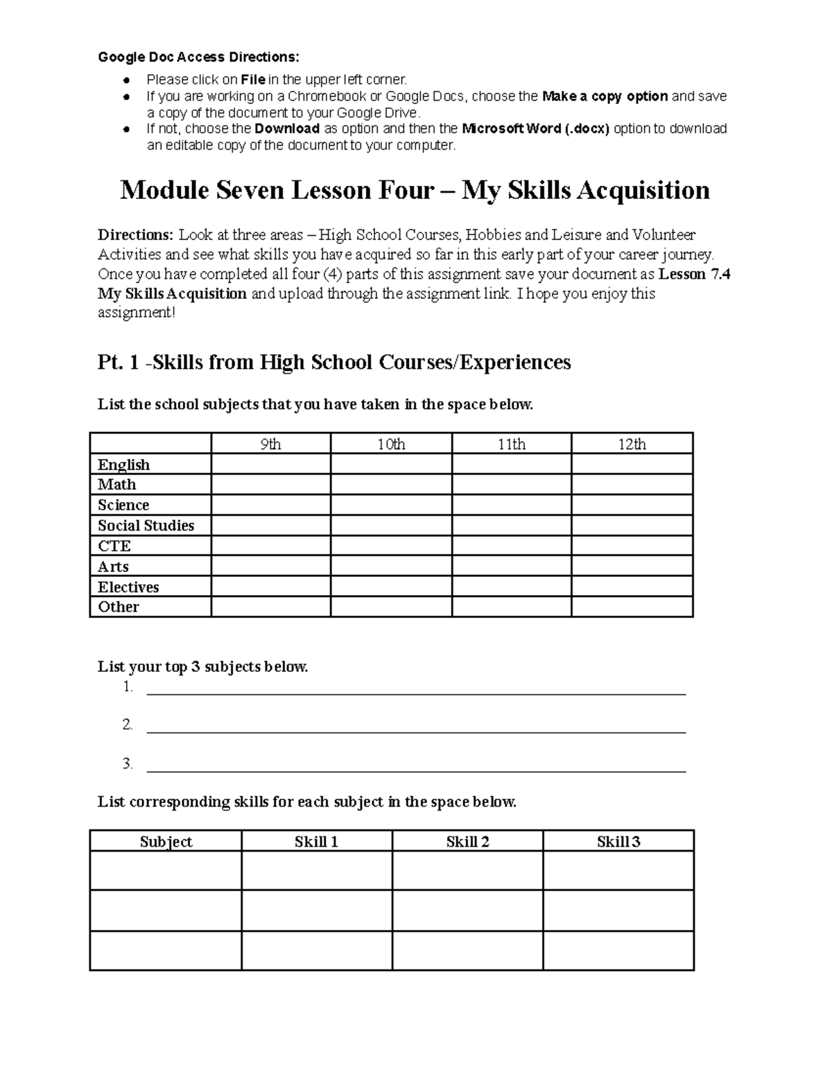 Module Seven Lesson Four My Skills Acquisition Assignment - Google Doc ...