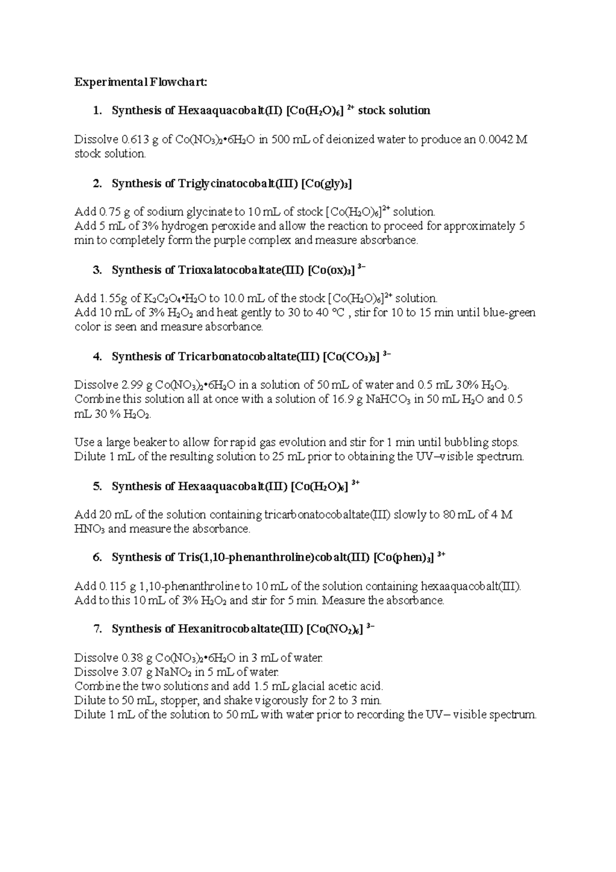 CHM1052 Proforma 5 flowchart - Experimental Flowchart: 1. Synthesis of ...