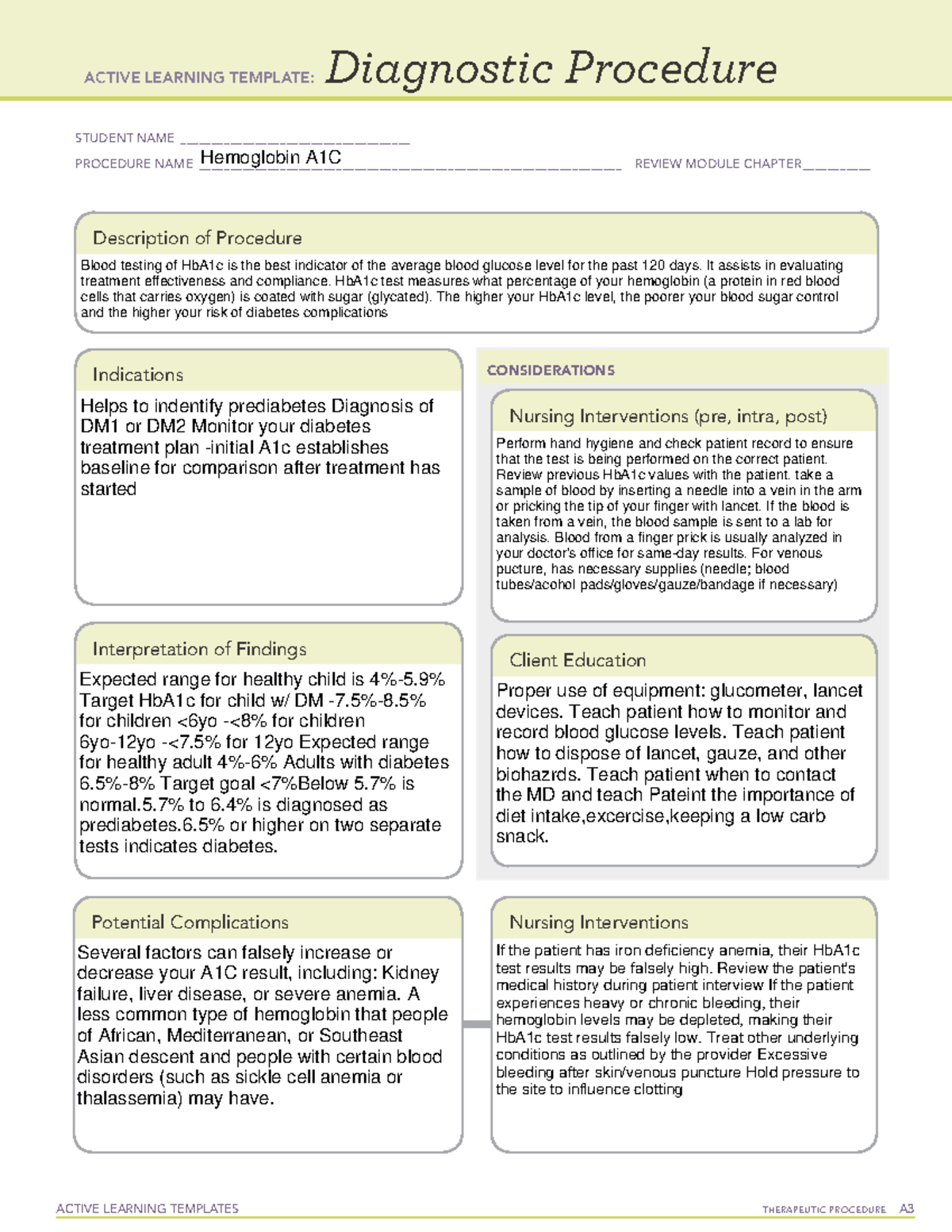 Hemoglobin A1C Labs ACTIVE LEARNING TEMPLATES THERAPEUTIC PROCEDURE