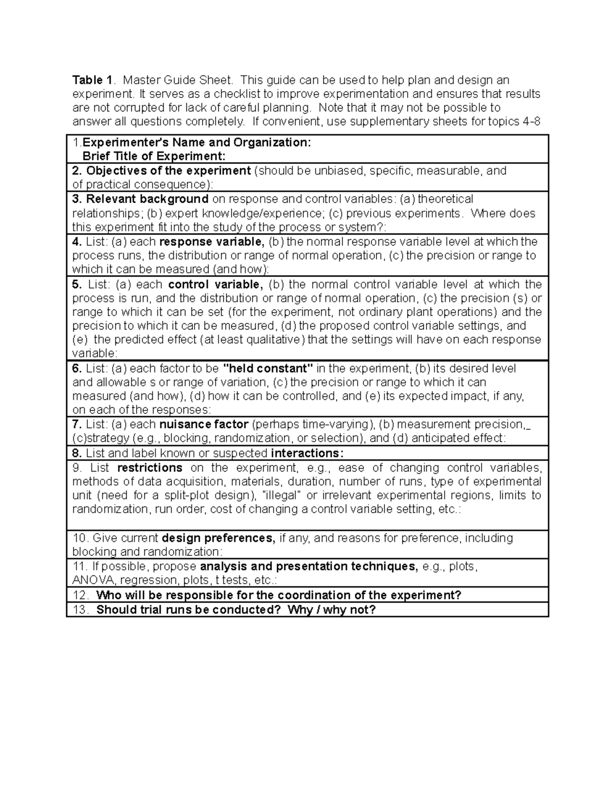 Table for design of experiment - Table 1. Master Guide Sheet. This ...