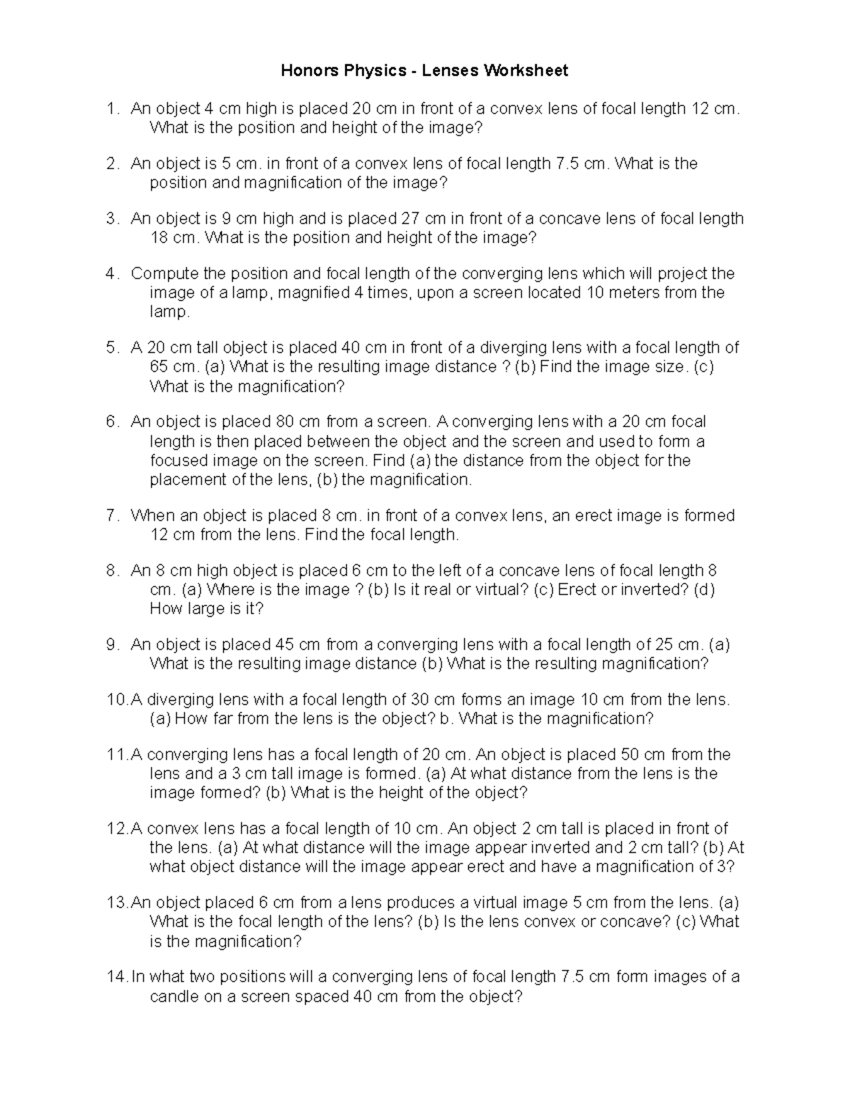 Lens Problems Worksheet - Honors Physics - Lenses Worksheet An object 4 ...