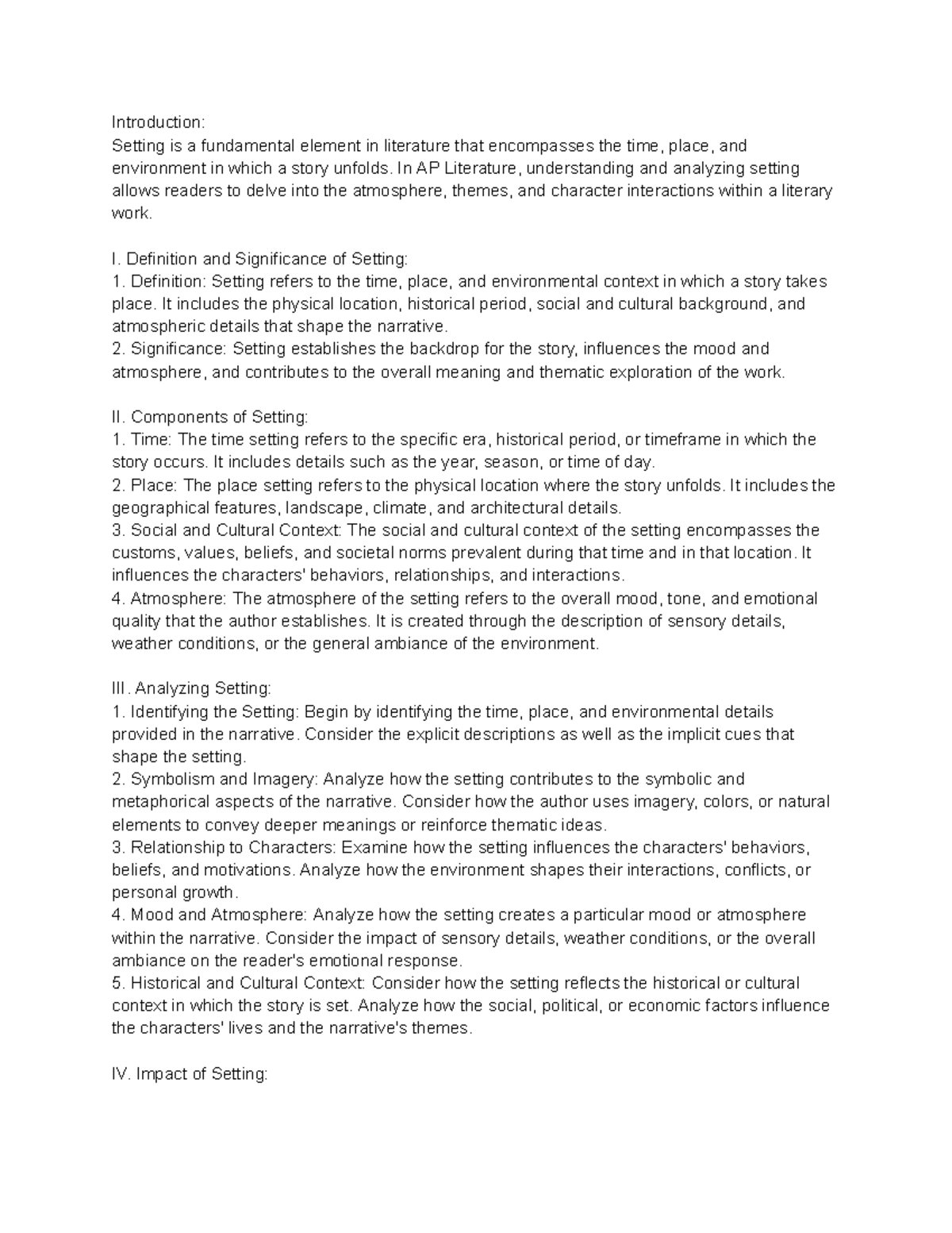 Setting in AP Literature - Introduction: Setting is a fundamental ...