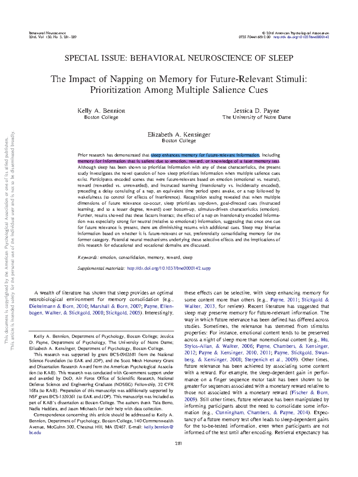 Psyc 211 - B - research paper about napping and memory - SPECIAL ISSUE: BEHAVIORAL NEUROSCIENCE ...