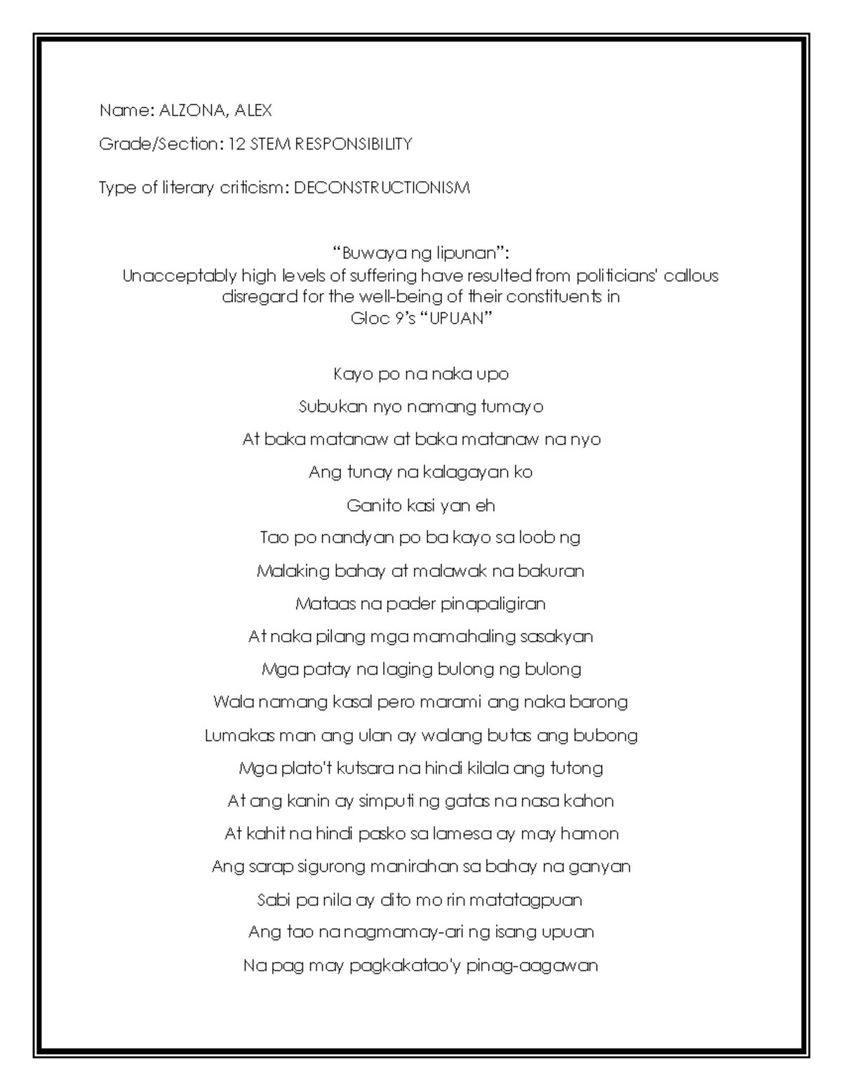 Literary Criticism Forma - Name: ALZONA, ALEX Grade/Section: 12 STEM ...