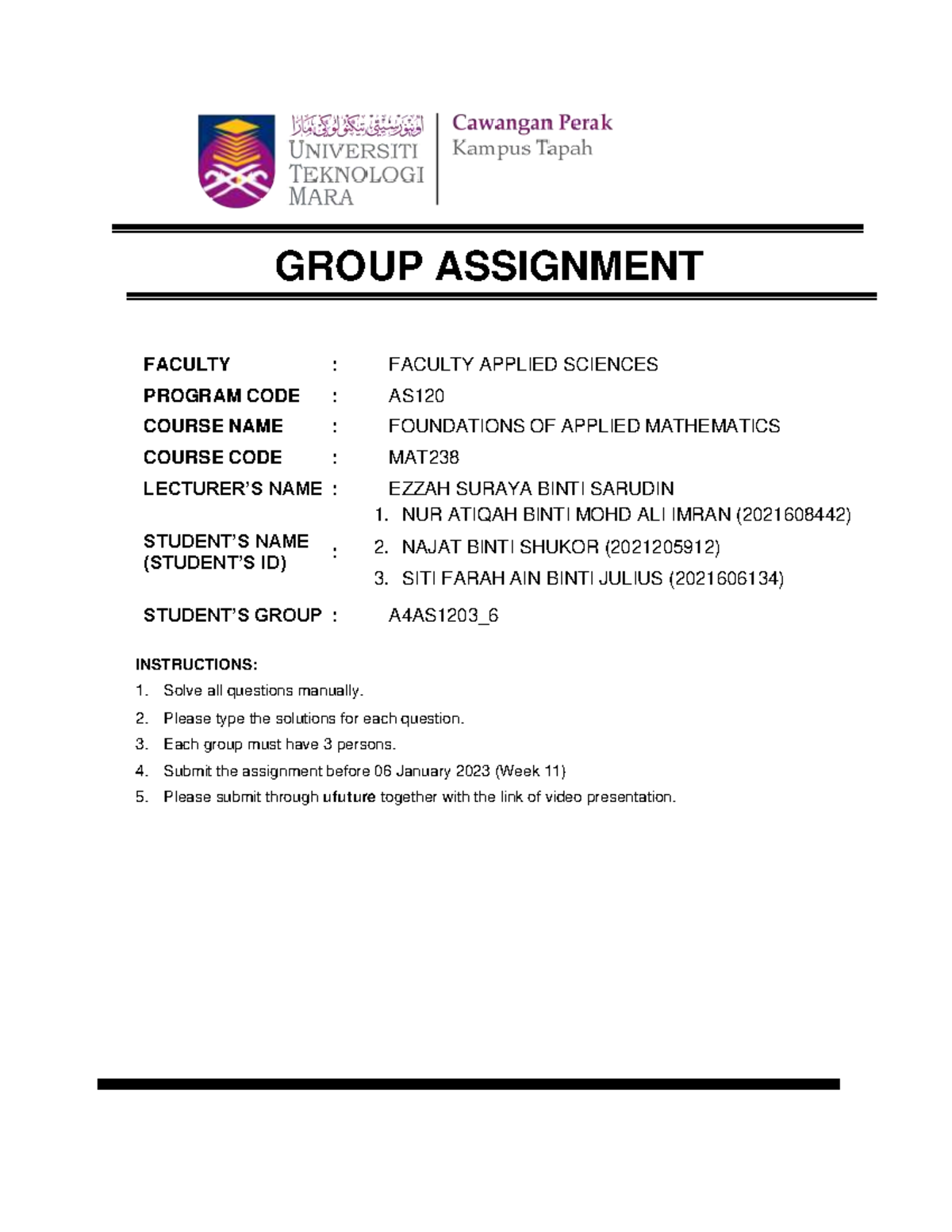 Groupwork Assignment MATH - GROUP ASSIGNMENT FACULTY : FACULTY APPLIED ...