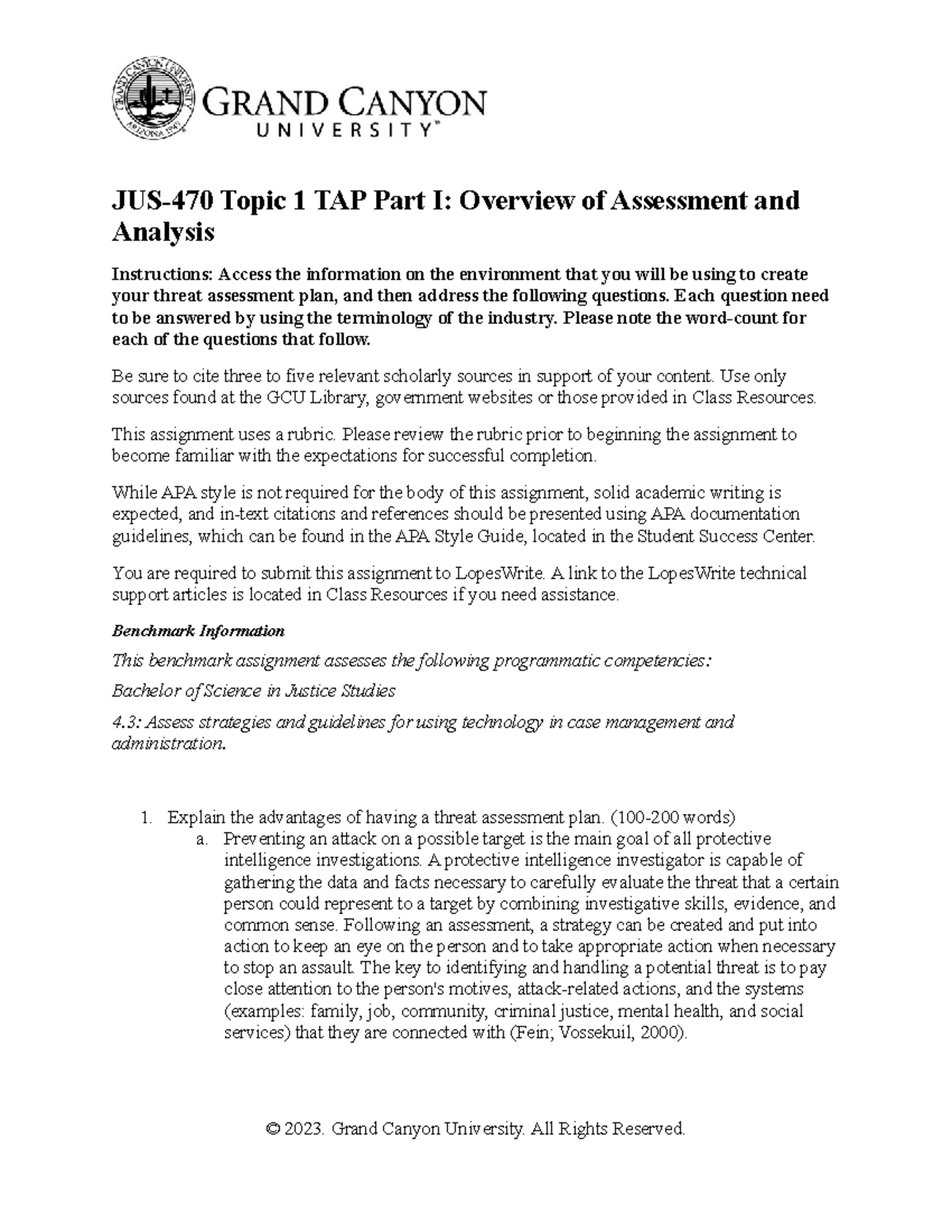 Threat assessment assignment 1 - JUS-470 Topic 1 TAP Part I: Overview of Assessment and Analysis ...