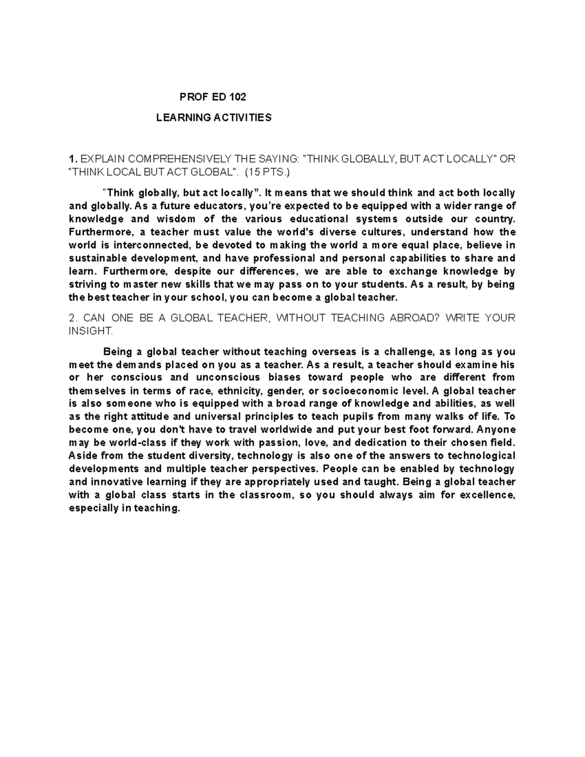 PROF ED 102 Learning Activity - PROF ED 102 LEARNING ACTIVITIES 1 ...