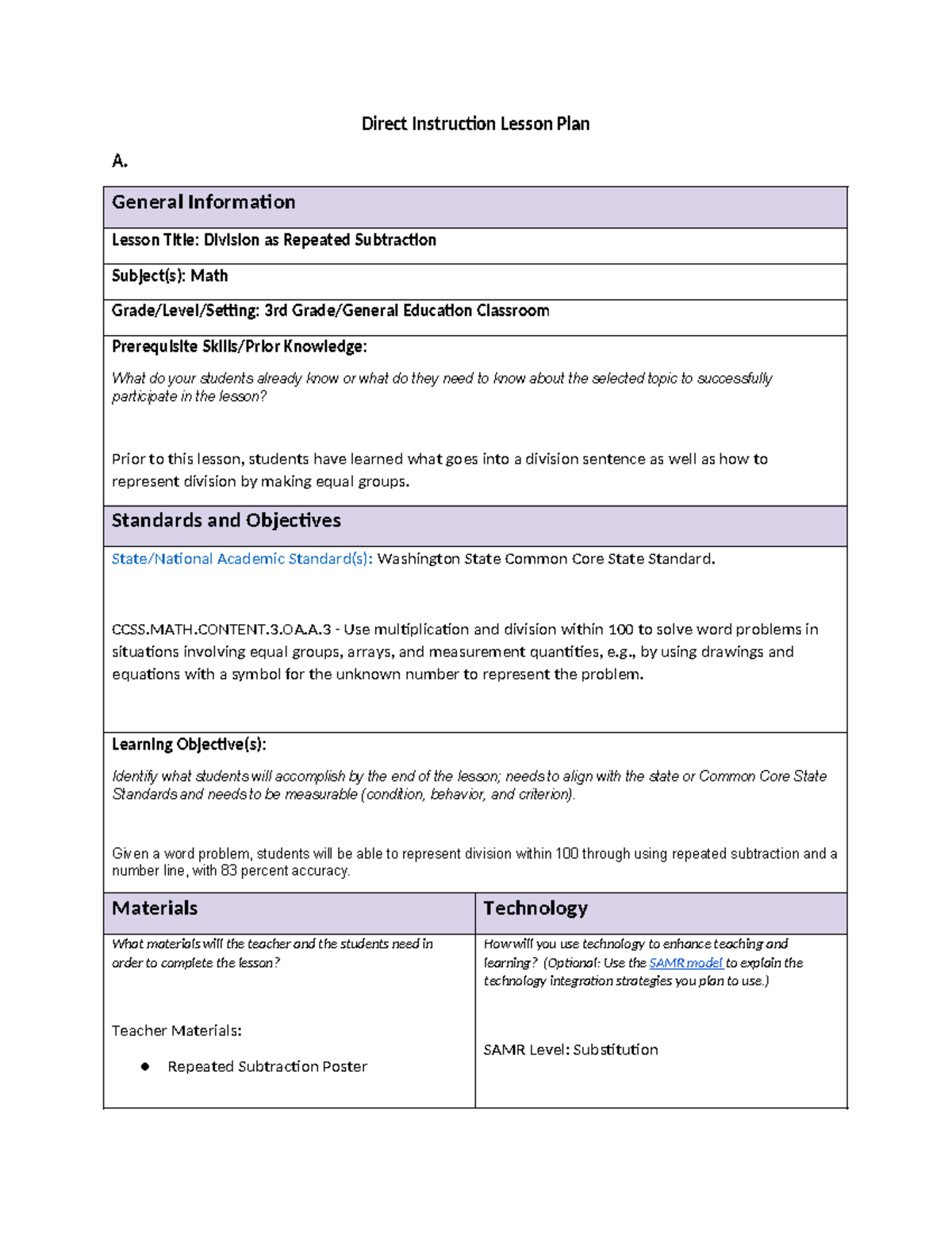 Task 2 Lesson Planning - Task 2 - Direct Instruction Lesson Plan A ...